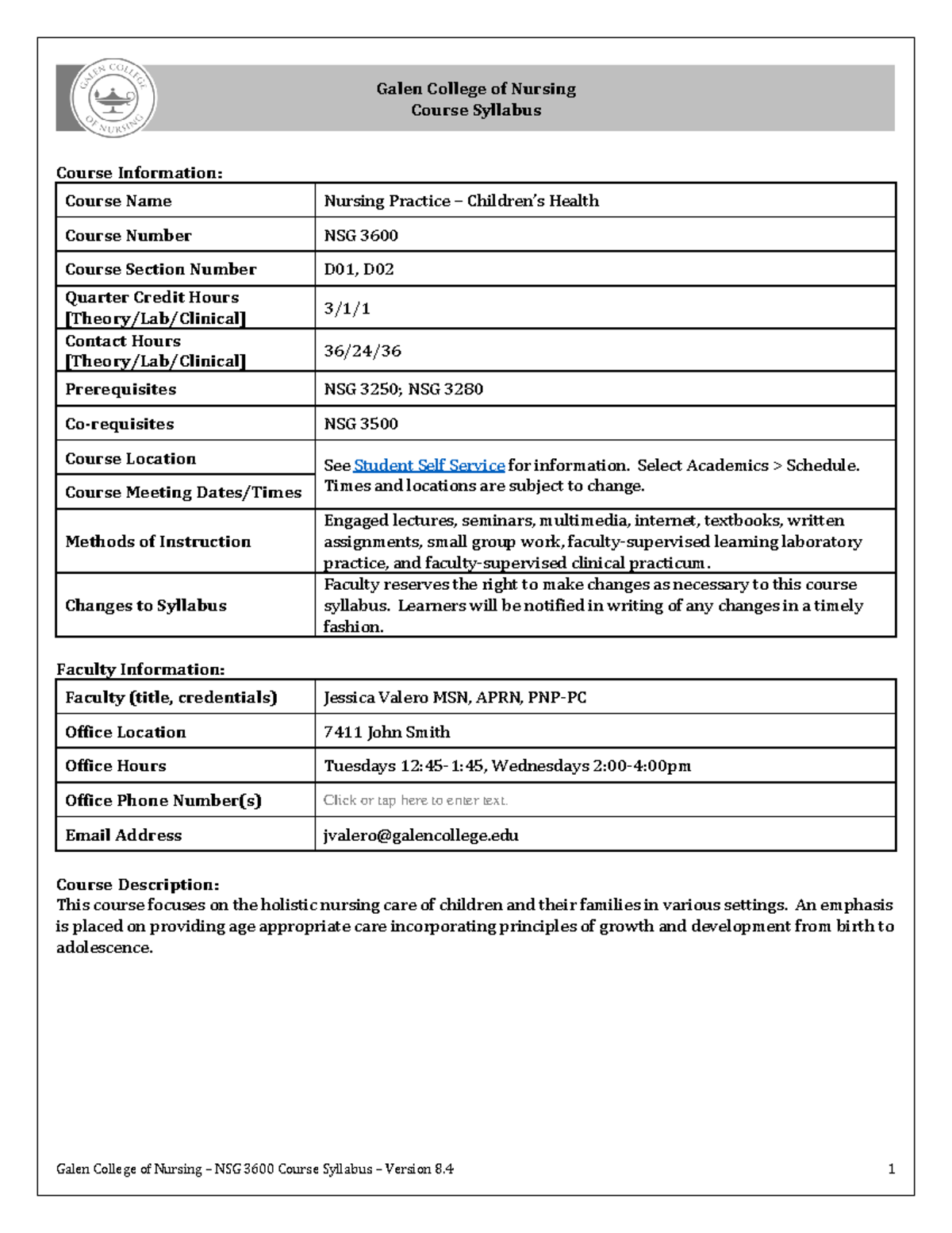 NSG 3600 Syllabus for Nursing Practice – Children’s Health Course - Studocu