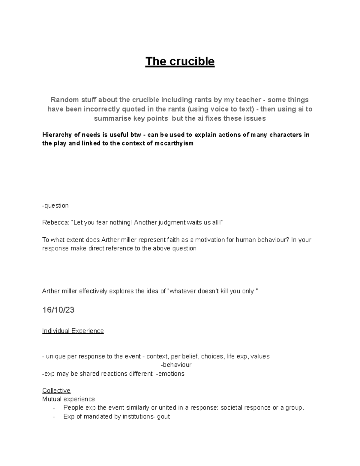 The Crucible (ENG101) Essay Notes on Characters and Themes - Studocu