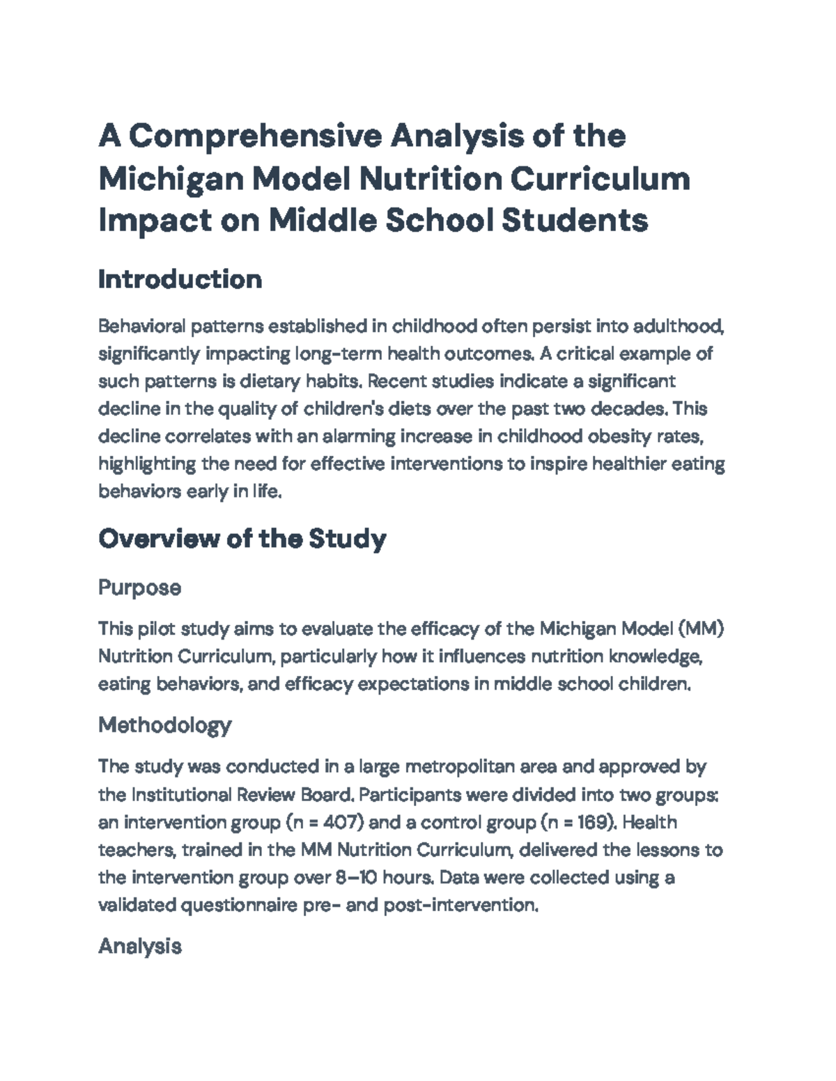 Impact of the Michigan Model Nutrition Curriculum on MS Students: A ...