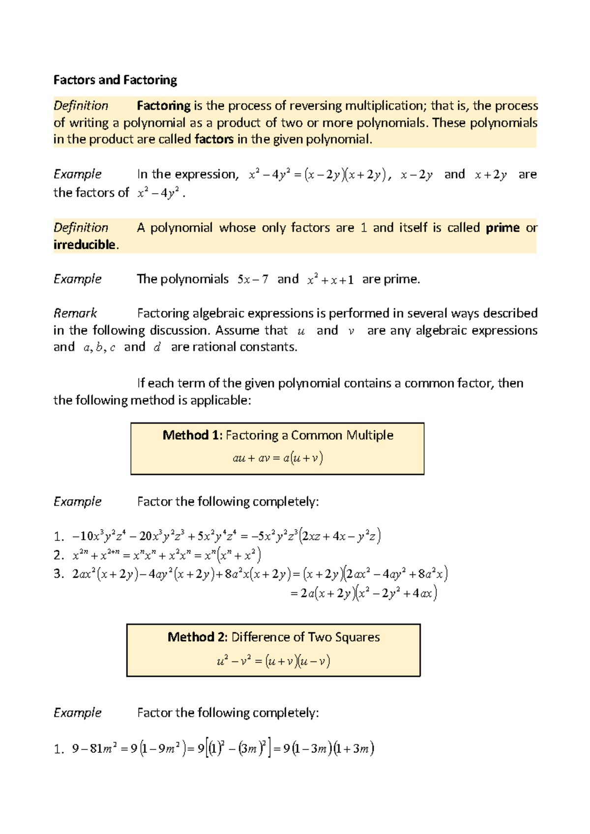 5 Factors and Factoring - Factors and Factoring Definition Factoring is ...