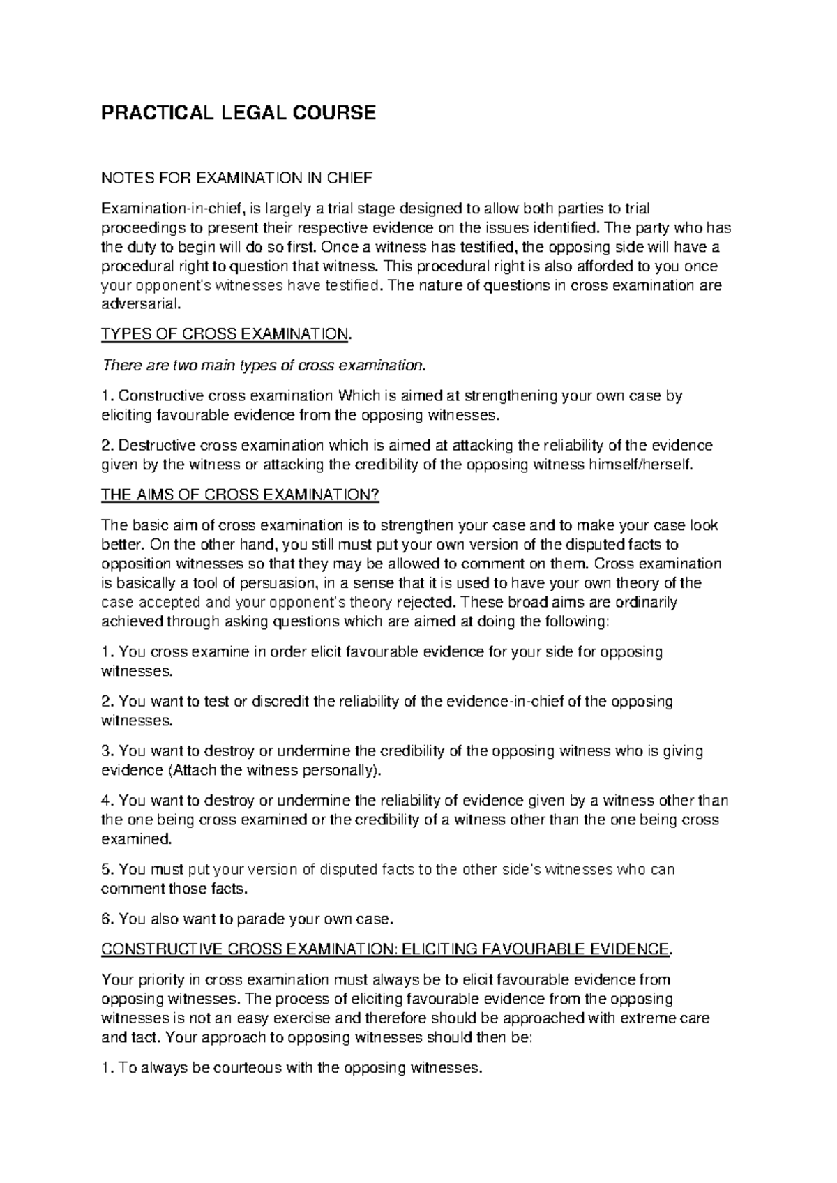 Practical Legal Course: Cross-Examination Exam Notes - Studocu
