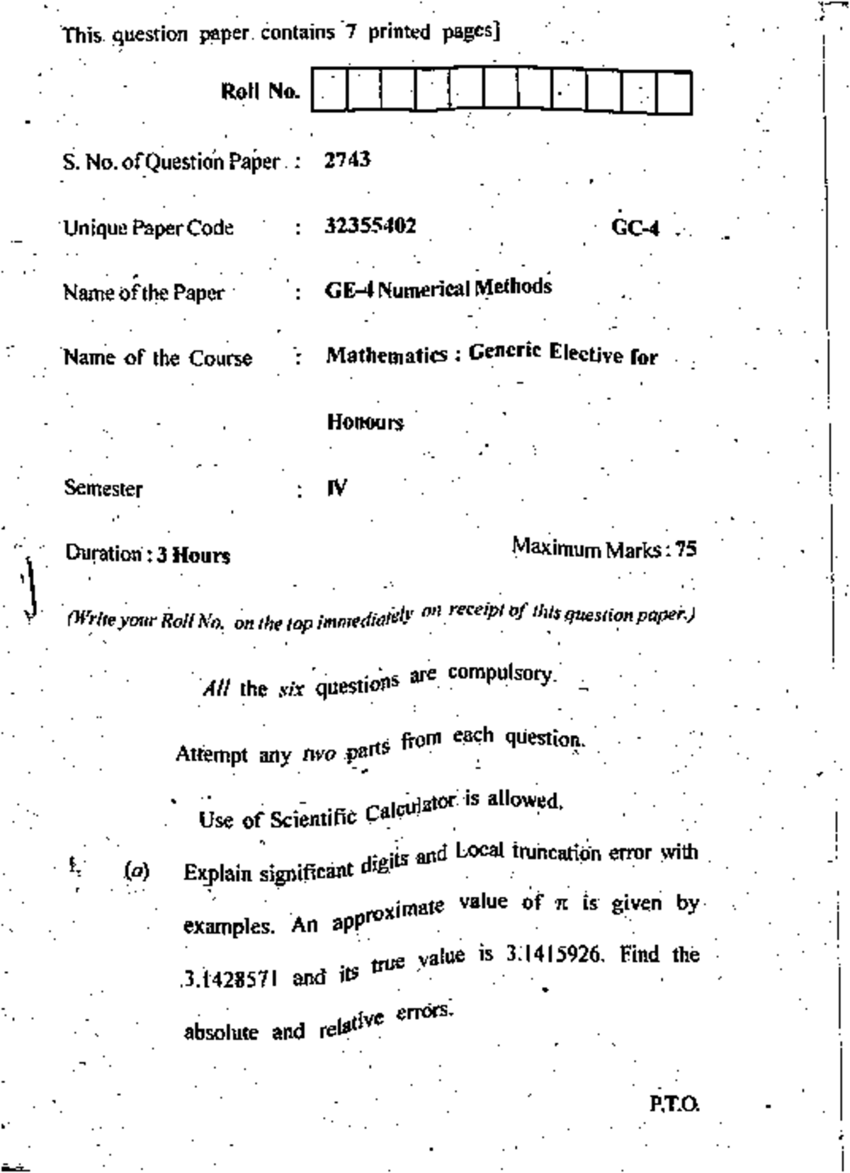 GE-4 Numerical Methods: Question Paper & Solutions - Studocu