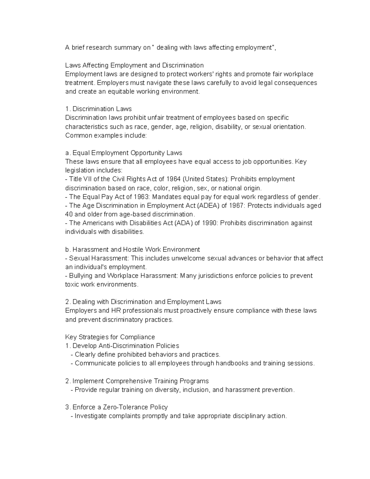 Laws Affecting Employment & Discrimination: A Research Summary - Studocu