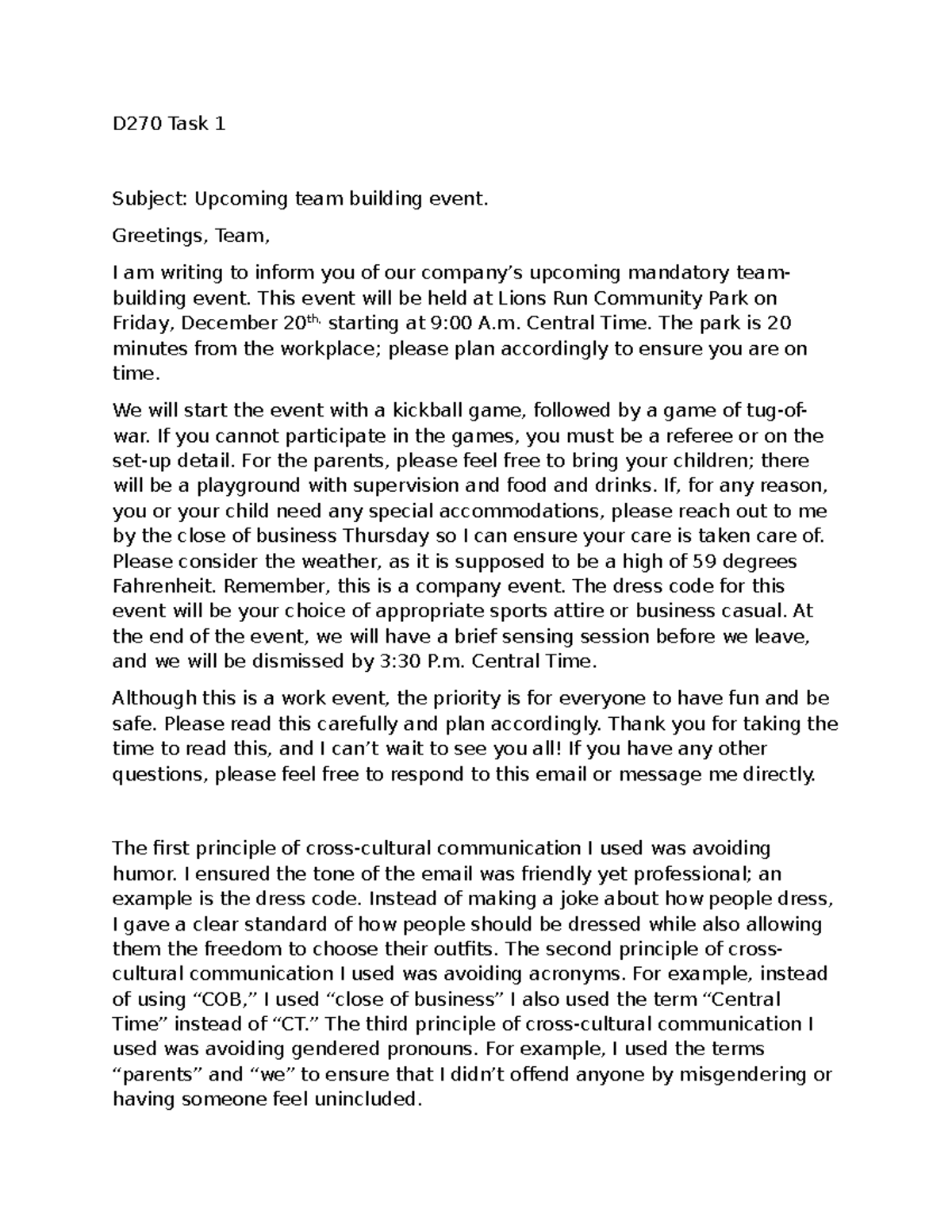 D270 Task 1 - First attempt pass. For use as an example only. - D270 ...