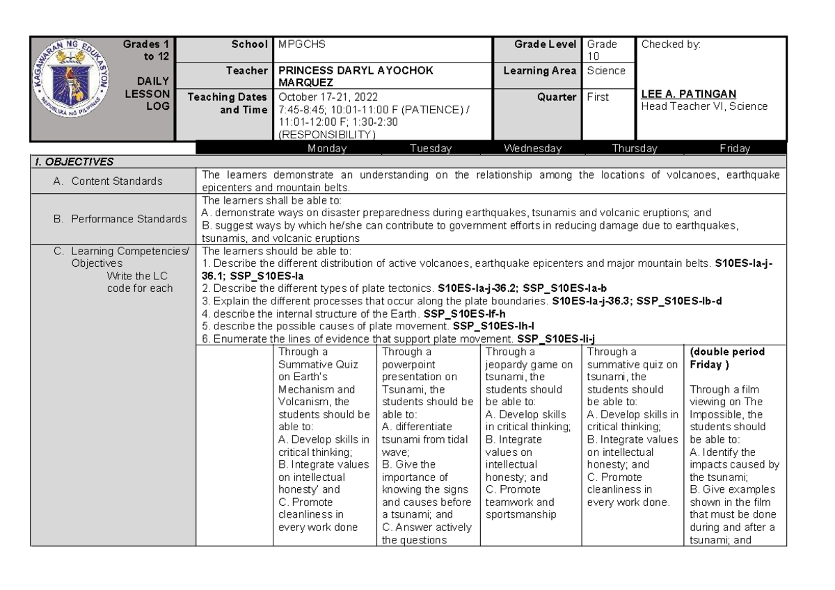 DLL 1st QTR Week 9 - Science Lesson Plan on Tsunamis and Earthquakes ...