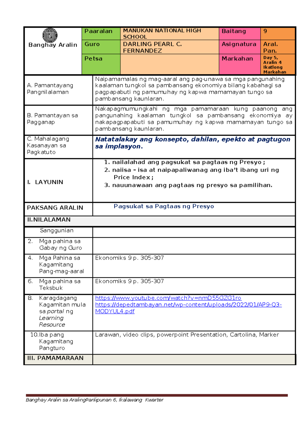 Banghay Aralin sa Araling Panlipunan 9: Pagsusuri ng Implasyon - Studocu