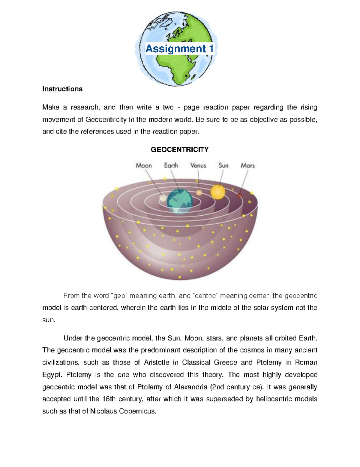 MODUL 65: Reaction Paper on Geocentricity - Assignment 1 - Studocu