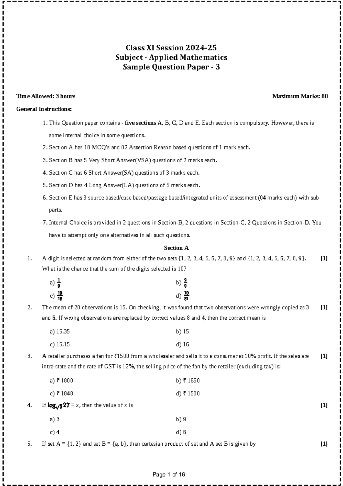 Class XI Applied Mathematics Sample Question Paper 3 - Studocu