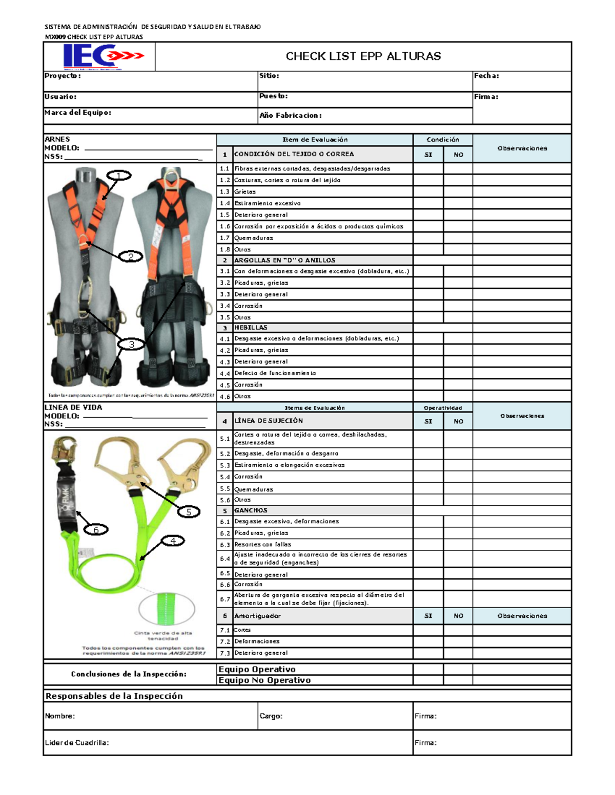 CHECK LIST EPP ALTURAS MX009: Inspección de Arnés y Equipos - Studocu