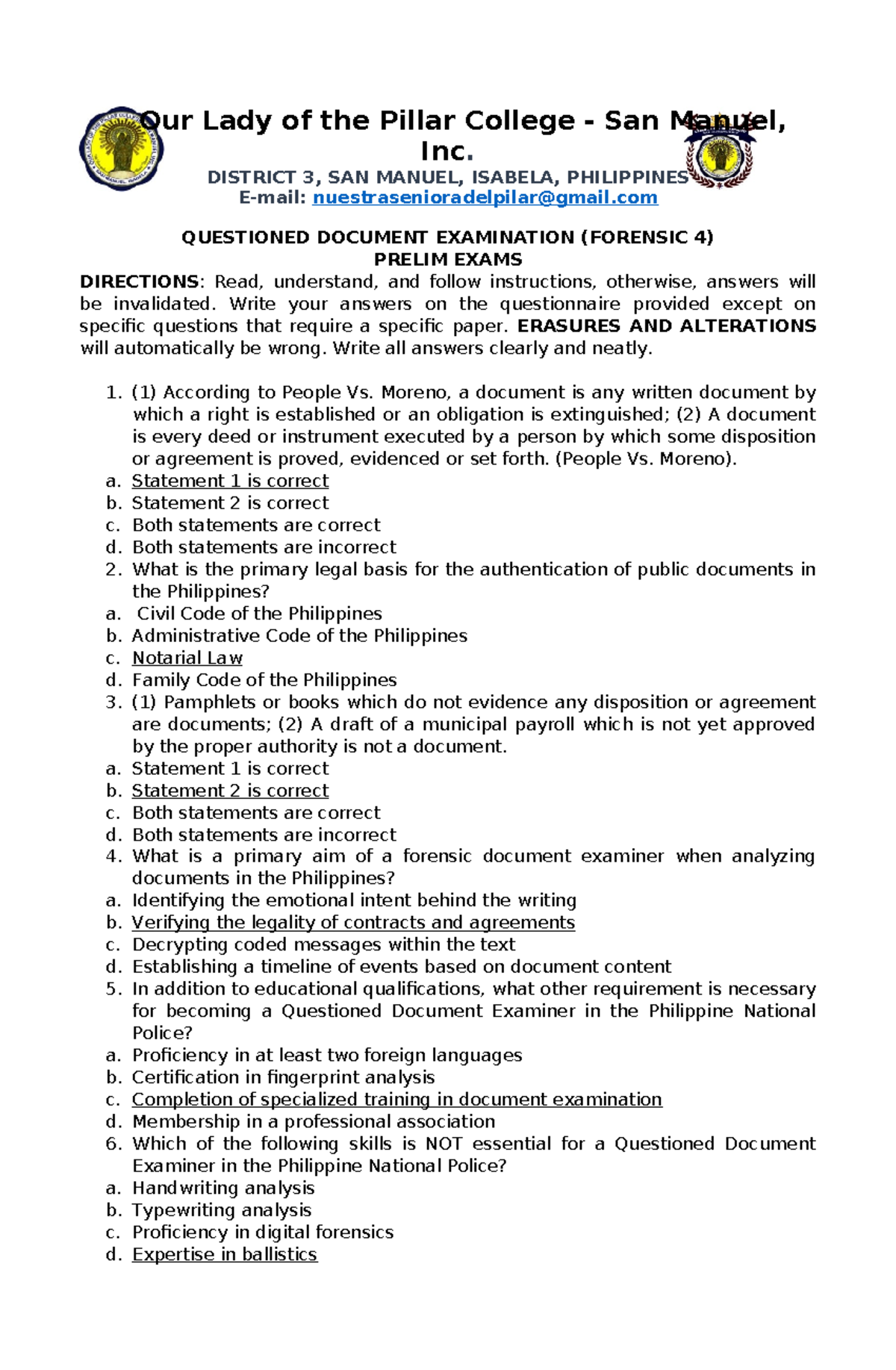 FORENSIC 4 PRELIM EXAM QUESTIONS WITH ANSWER KEY - Studocu