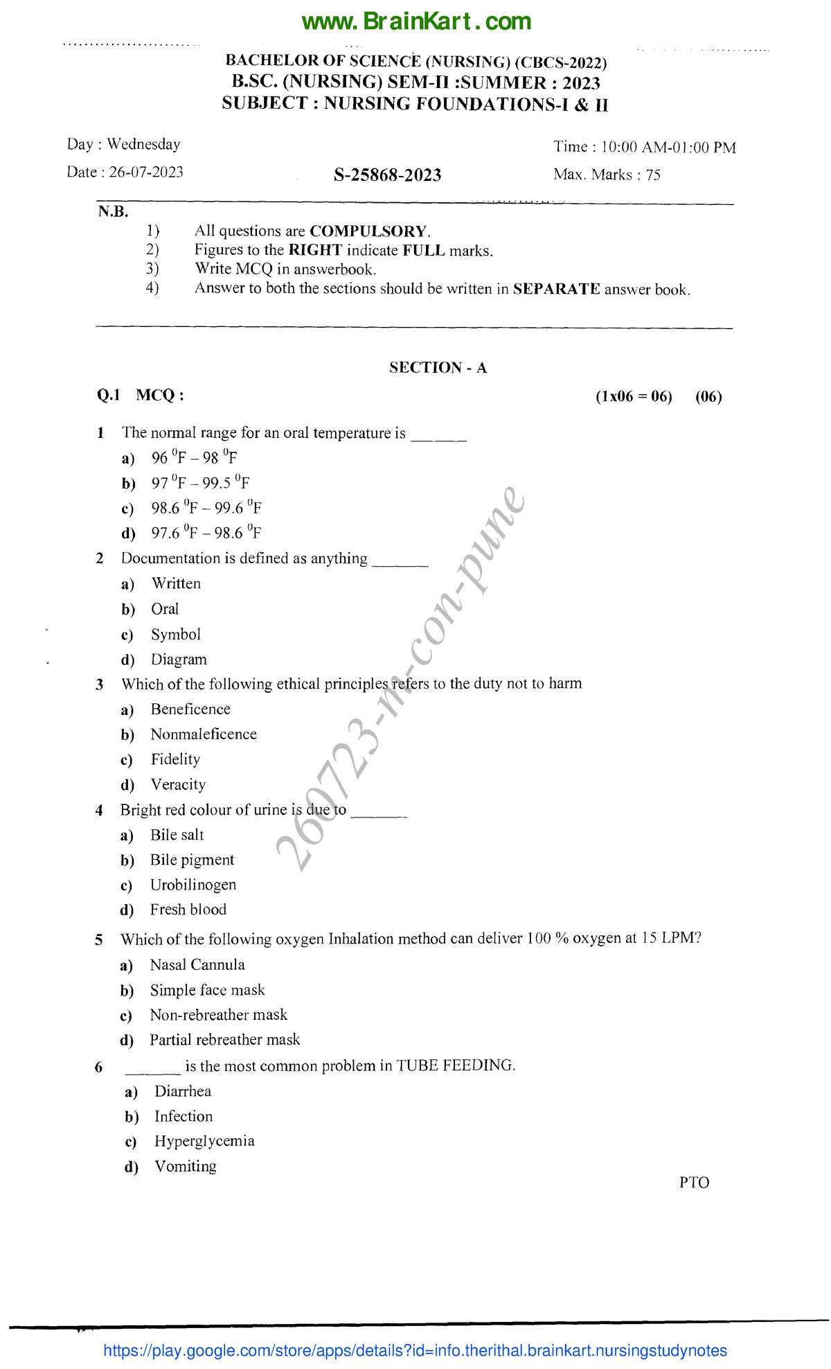 Nursing Foundation I & II - Winter 2023 Question Paper (B.Sc Nursing ...