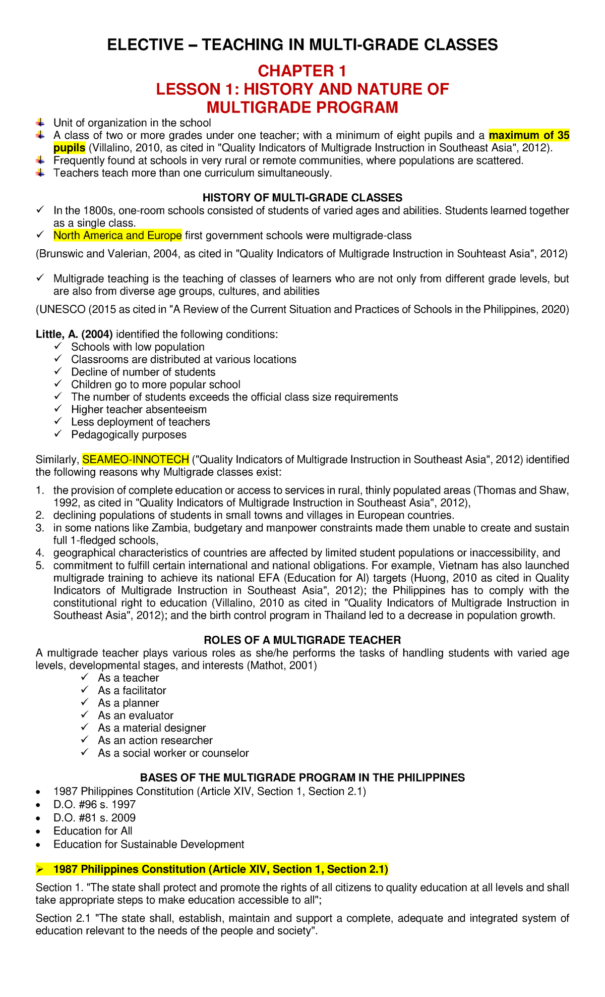 ELECTIVE - MIDTERM REVIEWER: MULTIGRADE TEACHING STRATEGIES AND HISTORY - Studocu