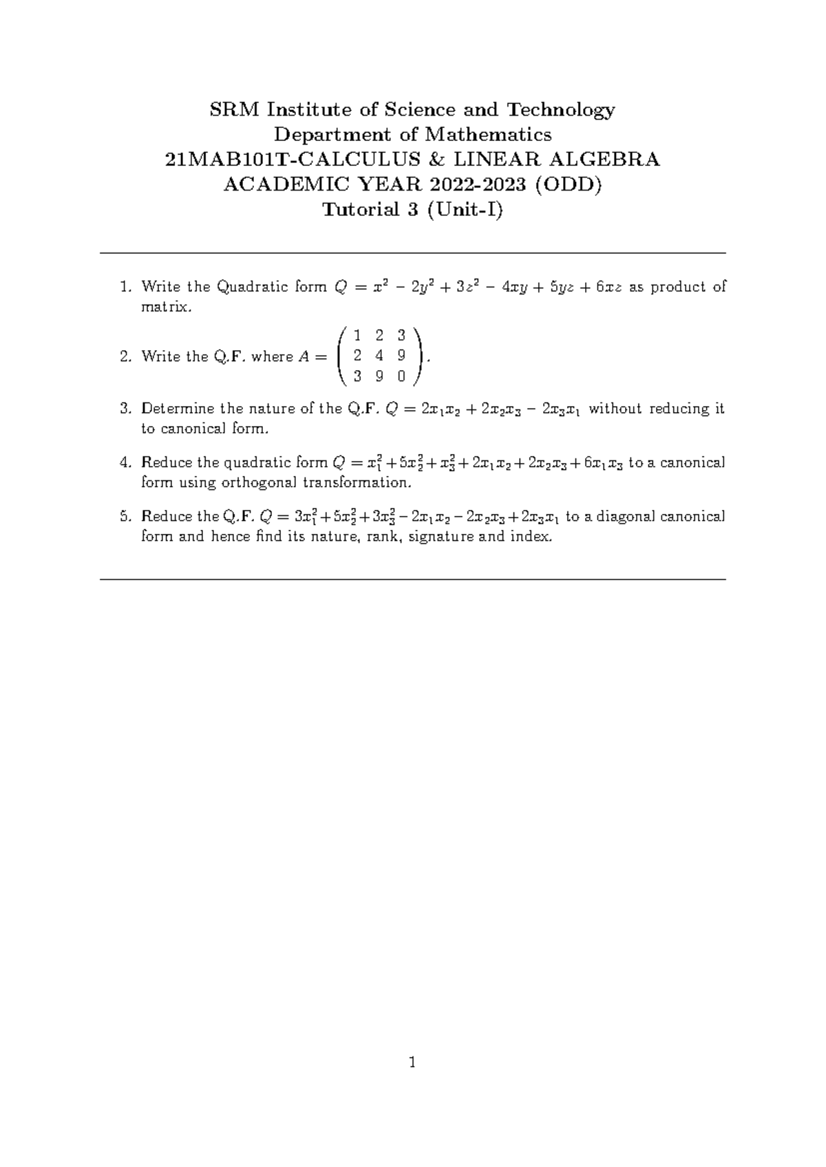 Tutorial 3 UNIT-1 - Unit 1 practice - SRM Institute of Science and ...