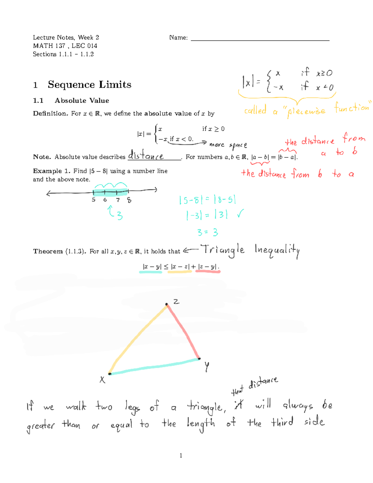 Week 2 Annotated - notes - Lecture Notes, Week 2 Name: MATH 137 , LEC ...