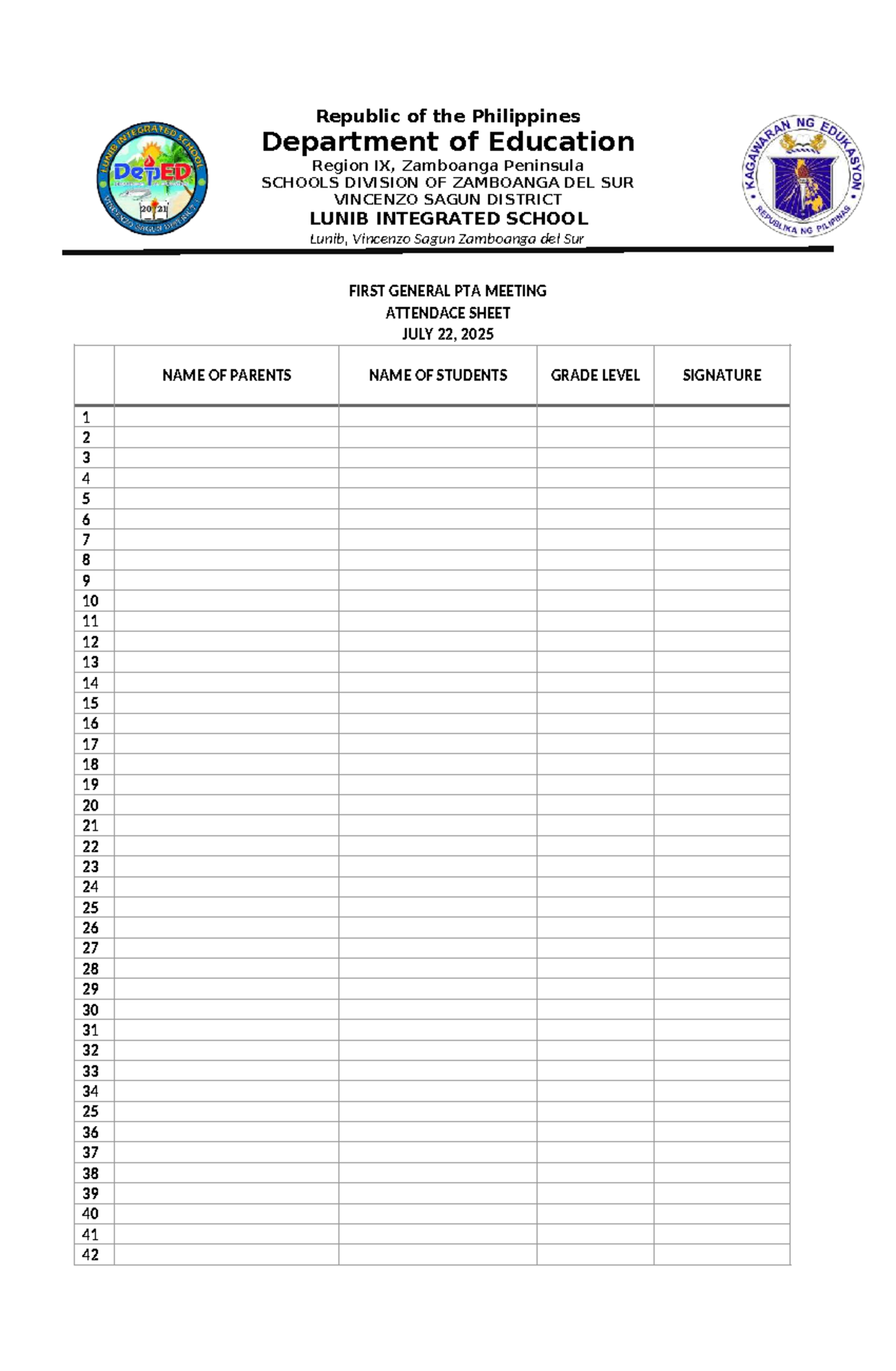 First General PTA Meeting Attendance Sheet - Lunib Integrated School ...