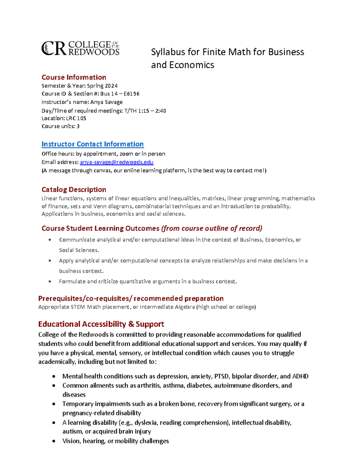 Syllabus for BUS 14 E6196: Finite Math for Business & Economics Spring ...