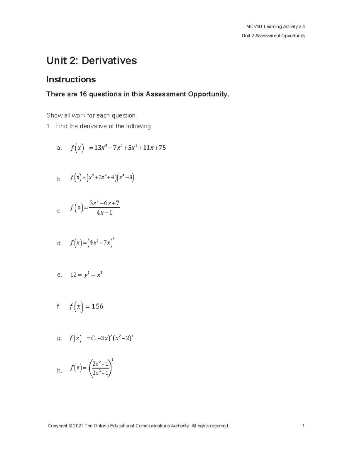 MCV4U Unit 2 Assessment Opportunity: Derivatives Review (Learning ...