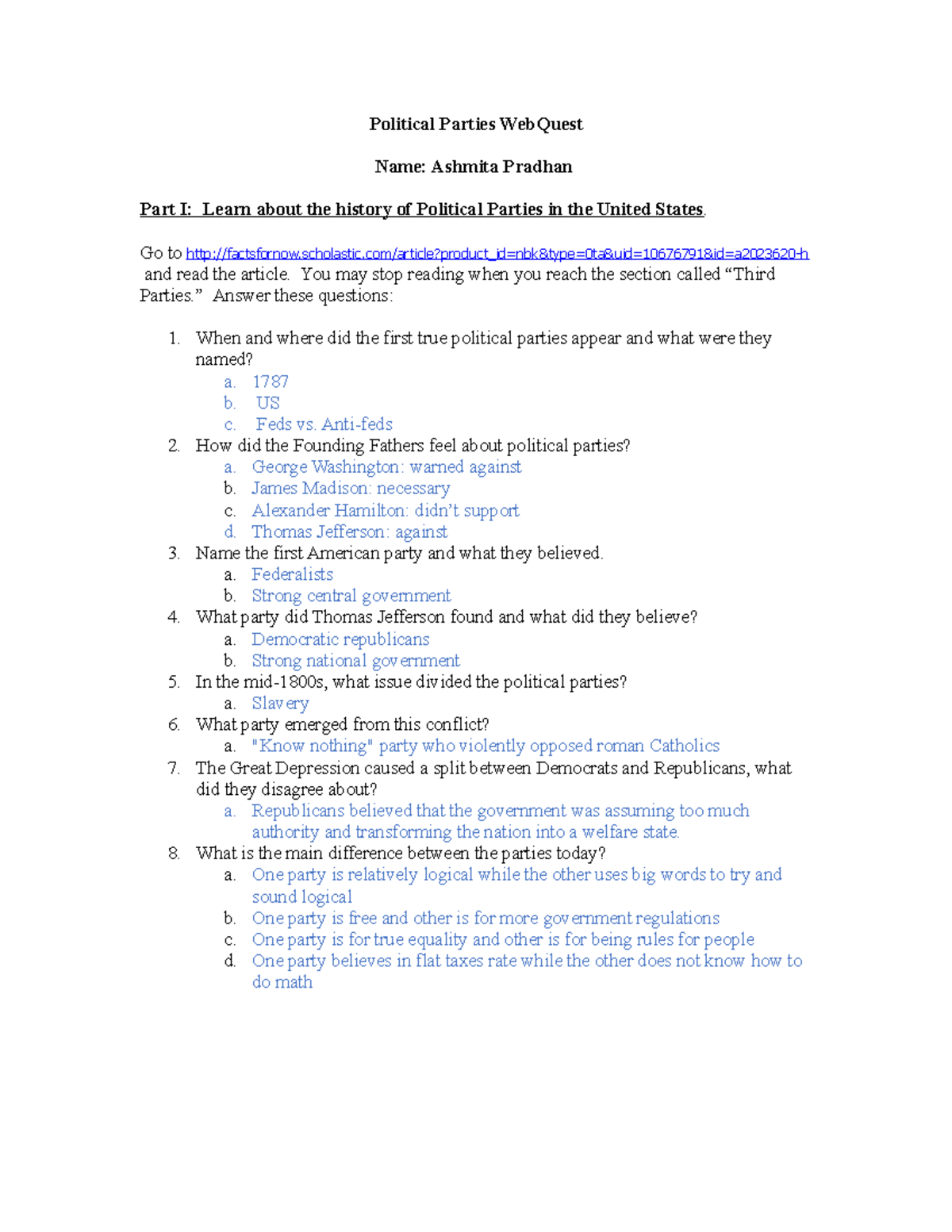 Political Parties WebQuest 1 - US History & Third Party Analysis - Studocu