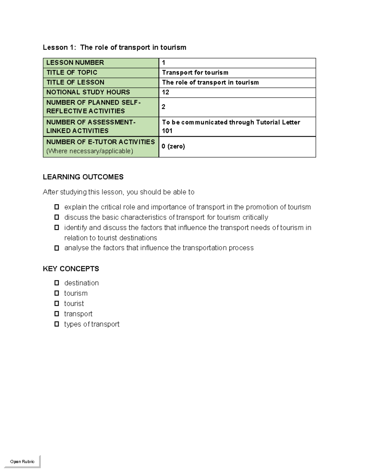 Trt2601 Lesson 1: The Role of Transport in Tourism Insights - Studocu