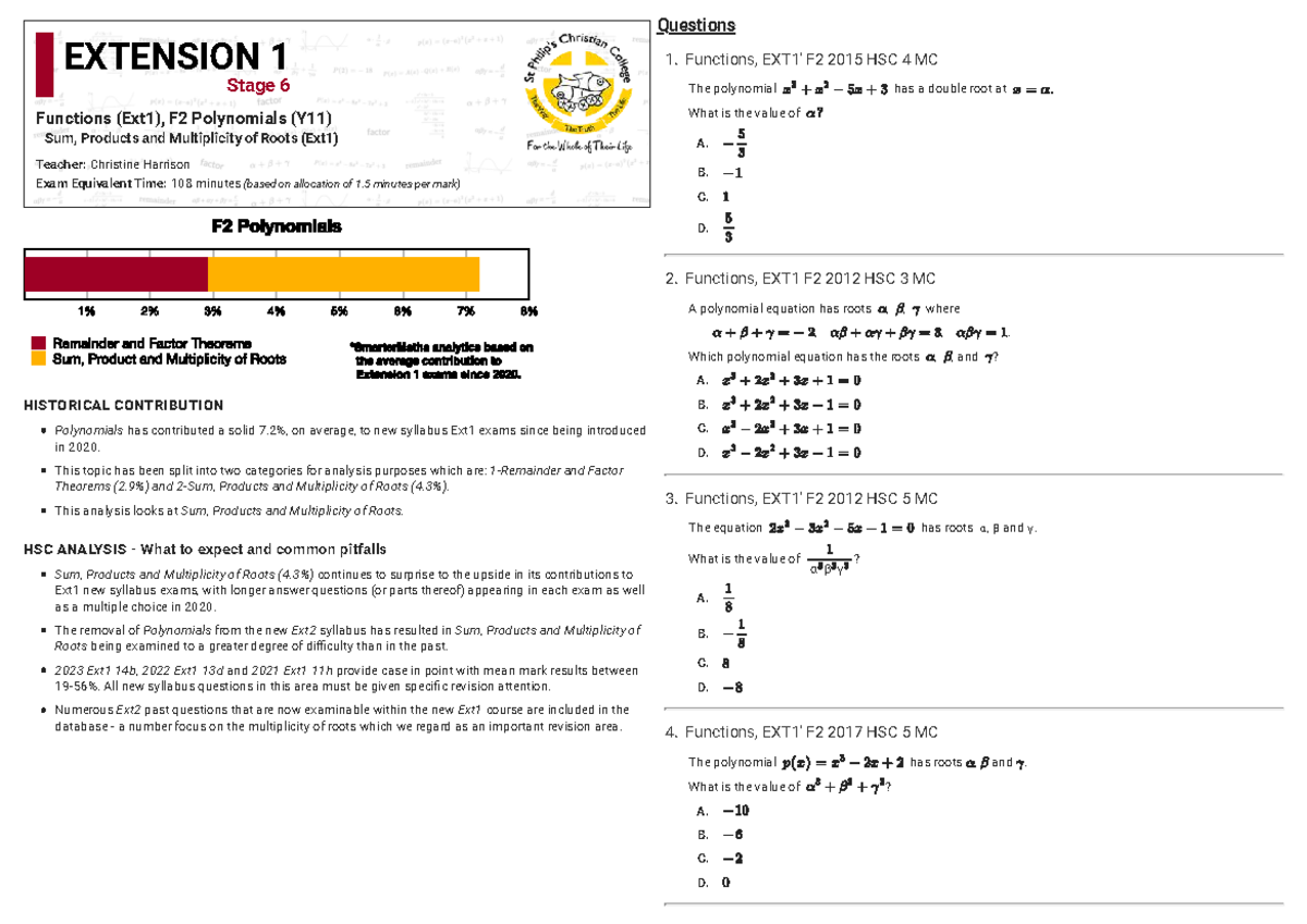 Polynomials: Sum, Products & Multiplicity of Roots (EXT1 F2) - Studocu