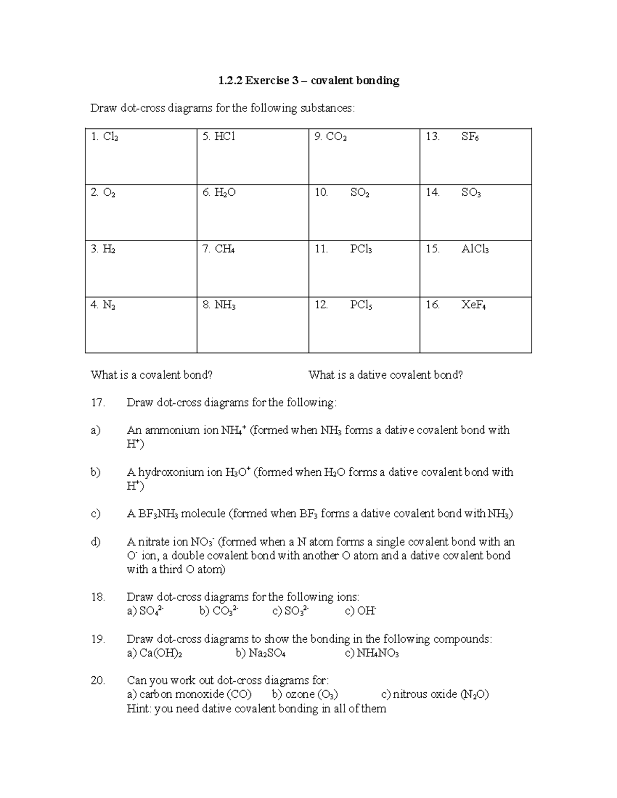 1.2.2 Exercise 3 - Diagrams for Covalent & Dative Covalent Bonds - Studocu