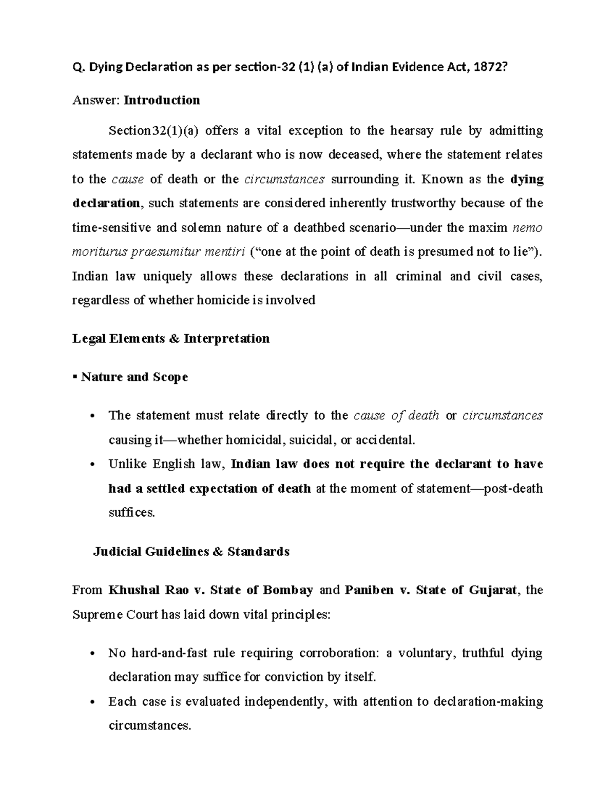 Dying Declaration Under Section 32(1)(a) of IEA, 1872: Analysis - Studocu