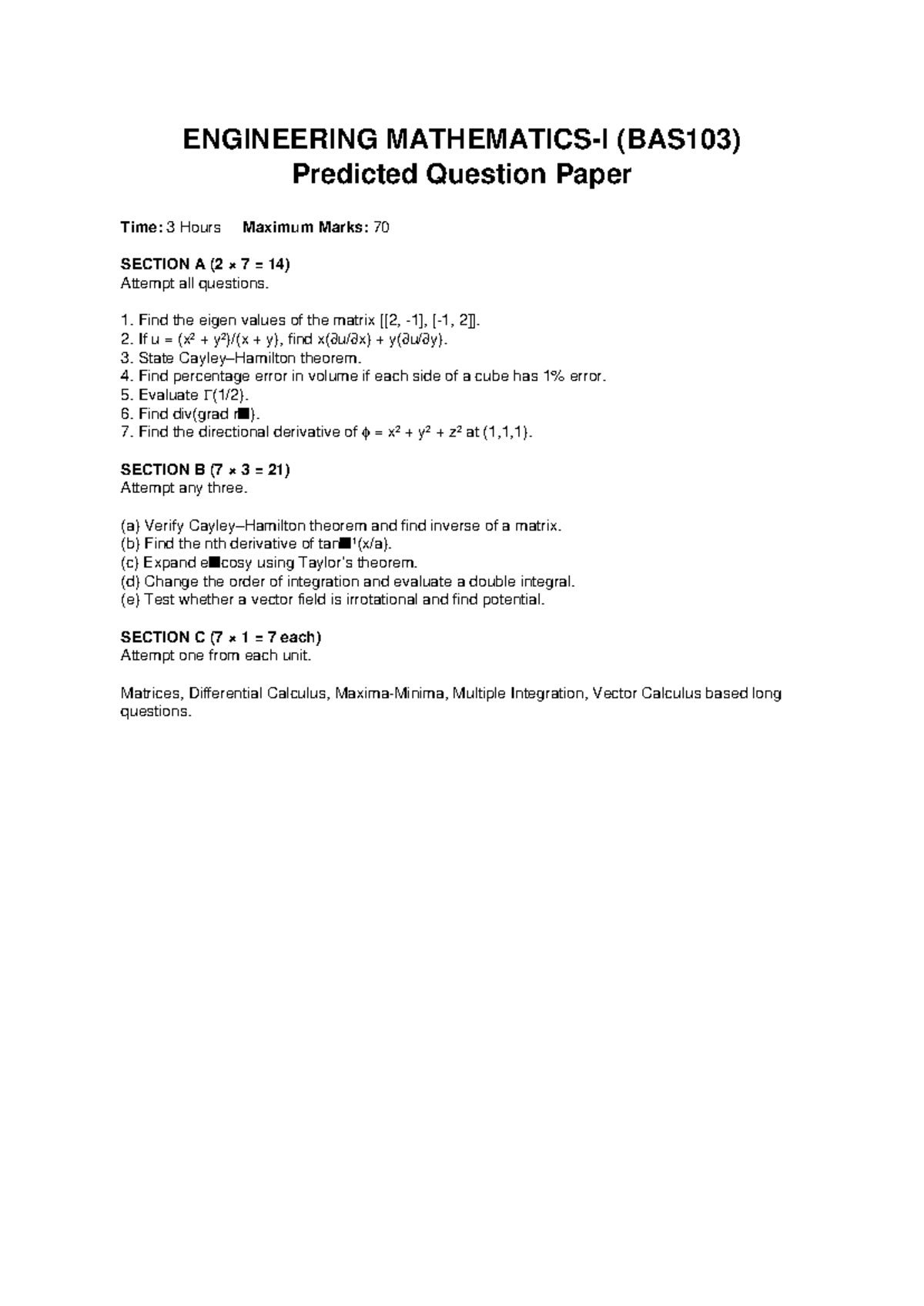 ENGINEERING (BAS103) Maths 1 Predicted Question Paper - Studocu