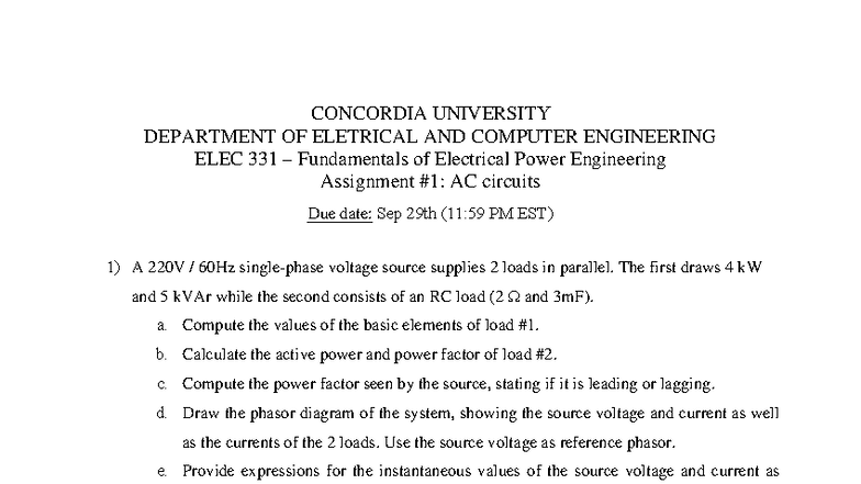 Elec 331 Assignment 1 Ac Circuits Analysis And Calculations Studocu