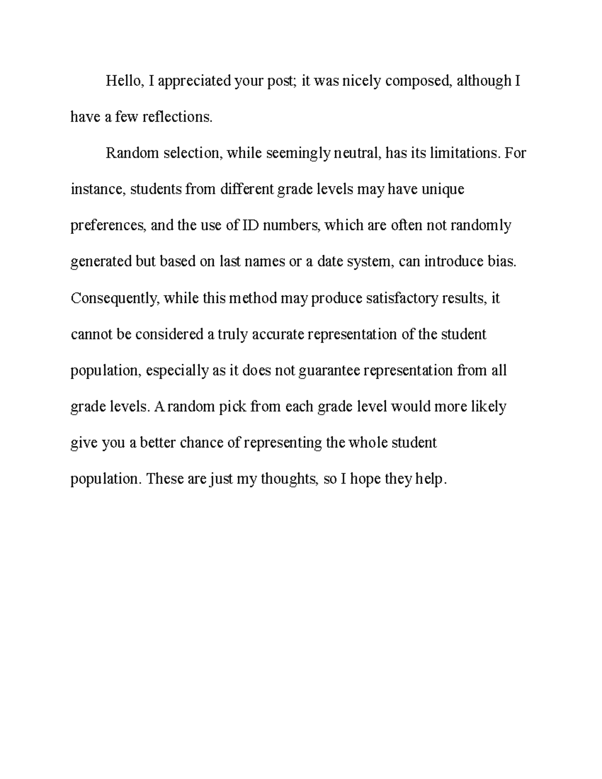 Mat 240 Module 1 Discussion Replies: Reflections on Random Selection ...