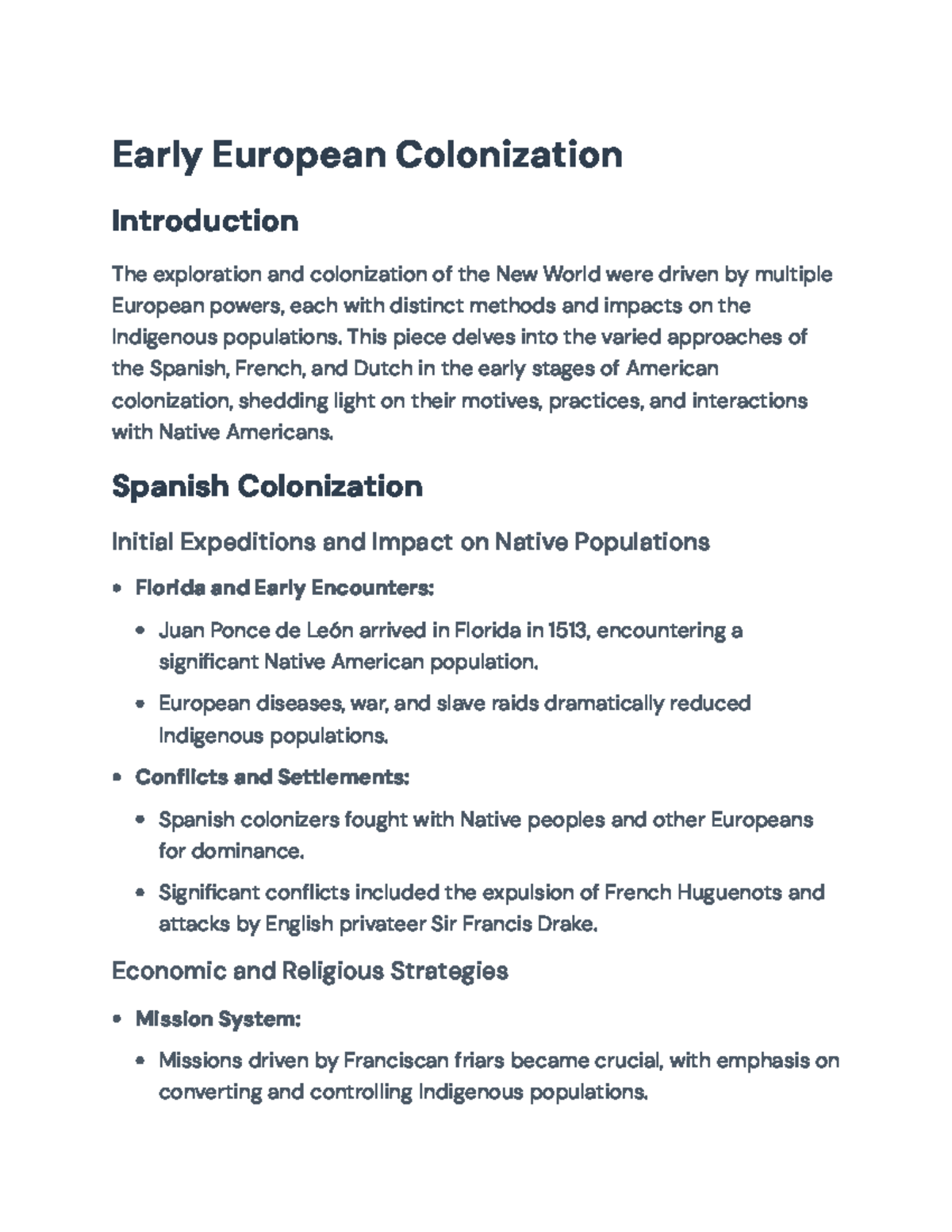 Early European Colonization: Spain, France, & Dutch Approaches - Studocu