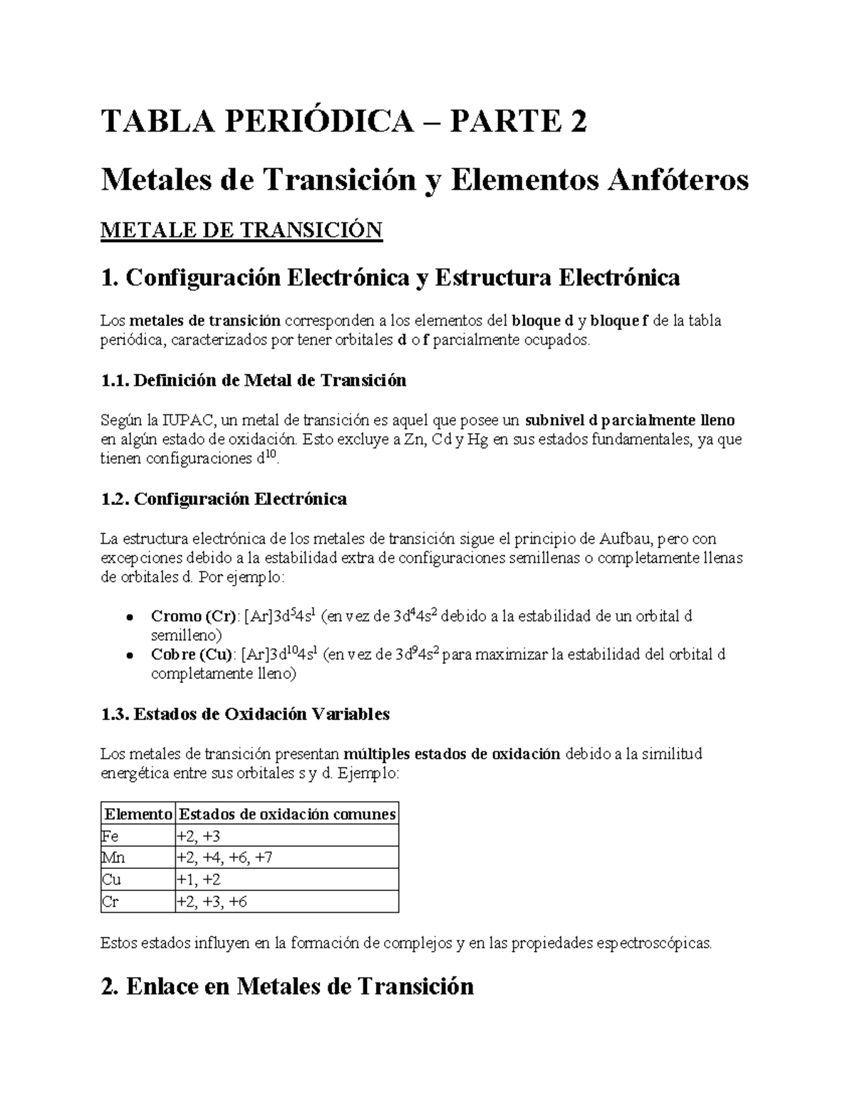 TABLA PERIÓDICA PARTE 2: Metales de Transición y Anfóteros - Studocu