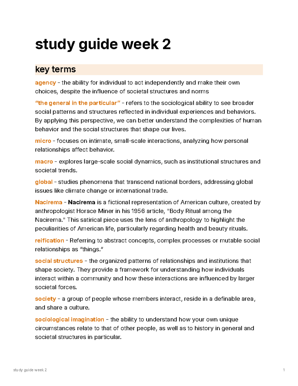 SOCA05H3 - Chapter 1 Study Guide - study guide week 2 key terms agency ...