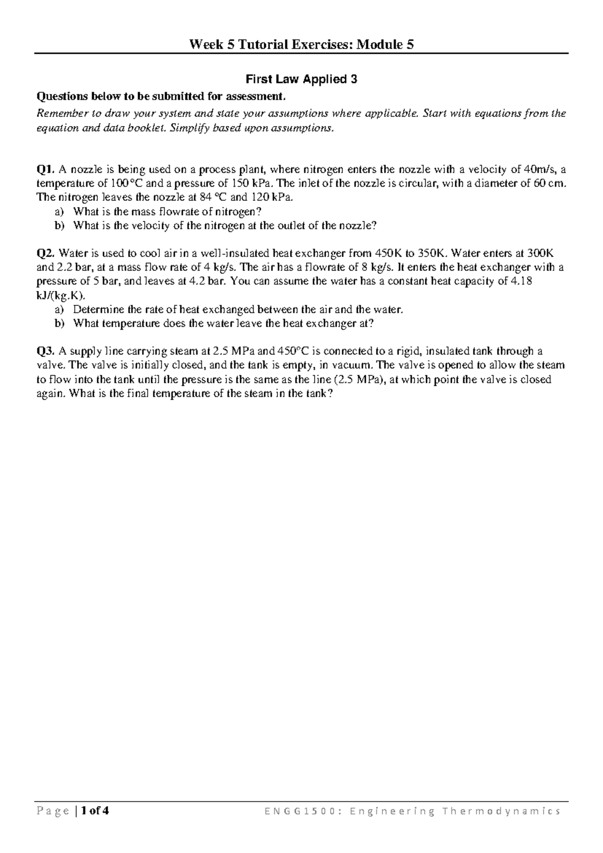 ENGG1500: Engineering Thermodynamics Week 5 Tutorial Exercises ...