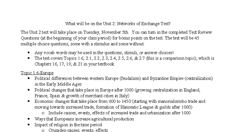 Unit 2 Test Review: Networks of Exchange (Ch. 16-21) - Studocu
