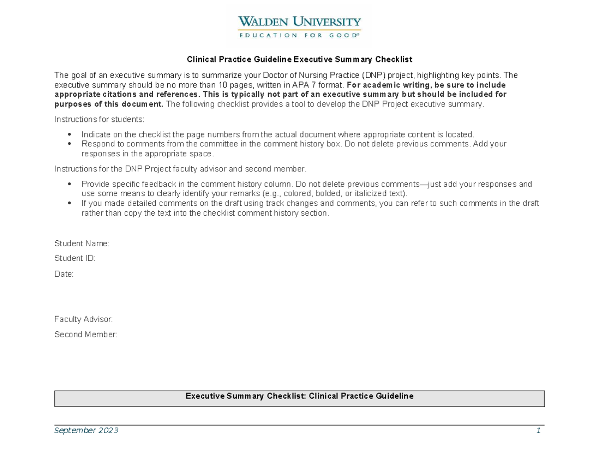 DNP Project Executive Summary Checklist: Clinical Practice Guideline ...