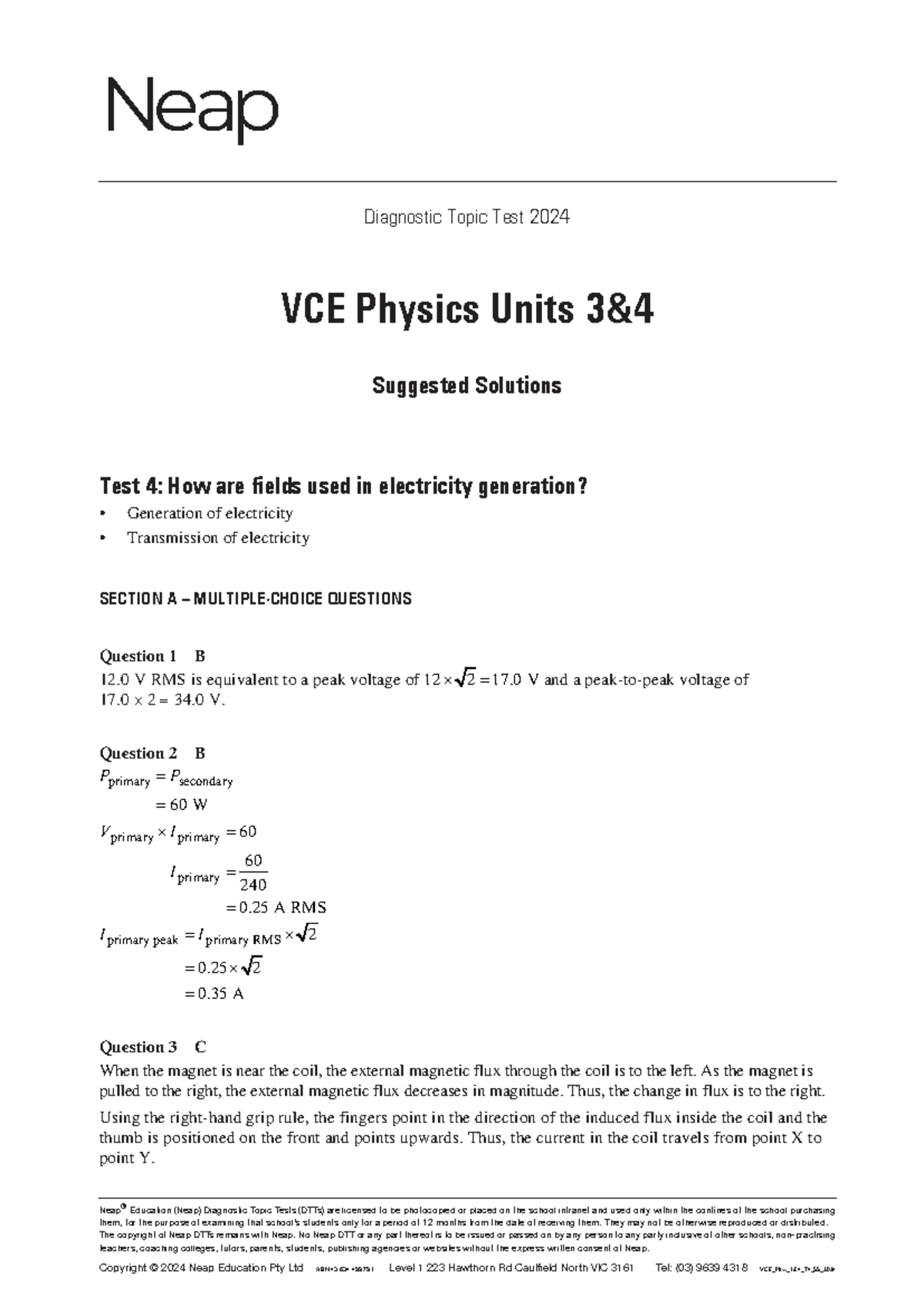 Test 4 VCE Physics Units 3&4 Diagnostic Topic Test Solutions 2024 - Studocu