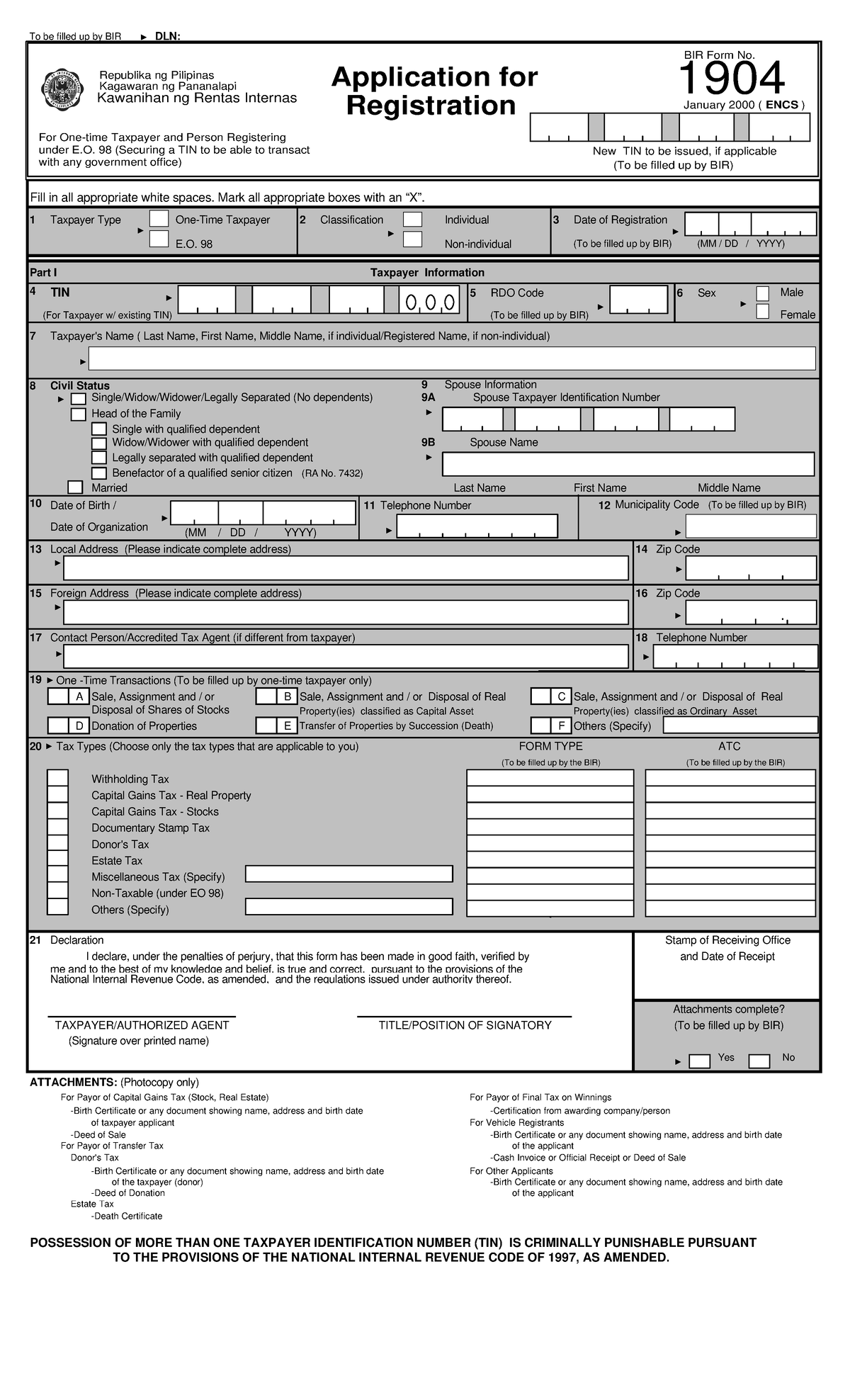 BIR-Form-1904 - Lecture Notes on Taxpayer Registration Process - Studocu