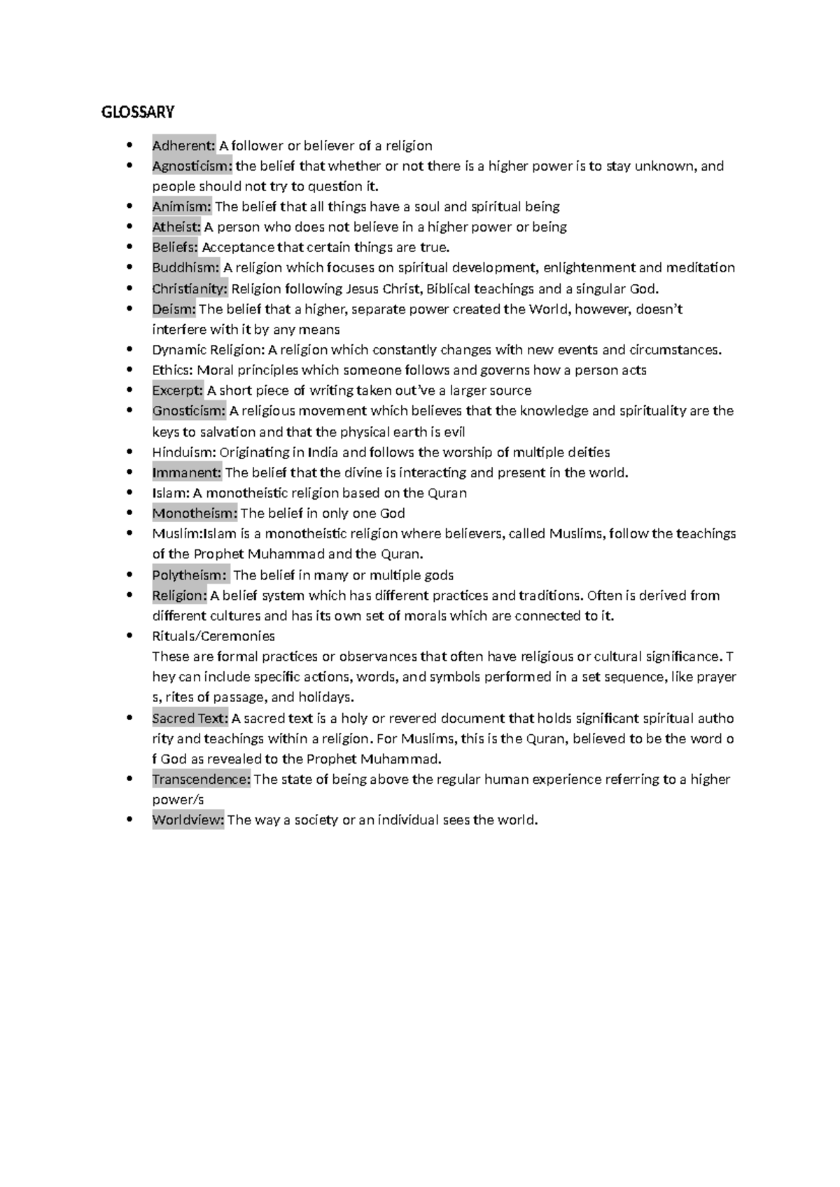 REL 101: Glossary of Key Religious Terms and Concepts - Studocu