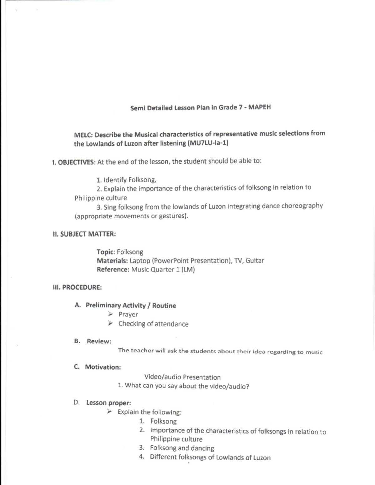 Grade 7 SEMI Detailed Lesson PLAN Mapeh Music - College of Education ...