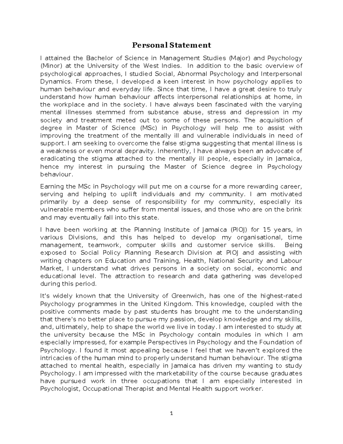 Personal Statement for MSc in Psychology - Natalie Leiba - Studocu
