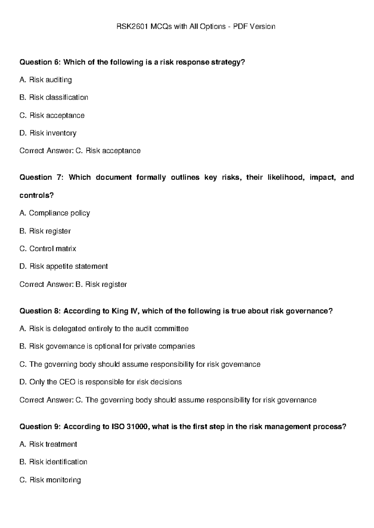 RSK2601 MCQs: 20 Questions on Risk Management Strategies and Concepts - Studocu