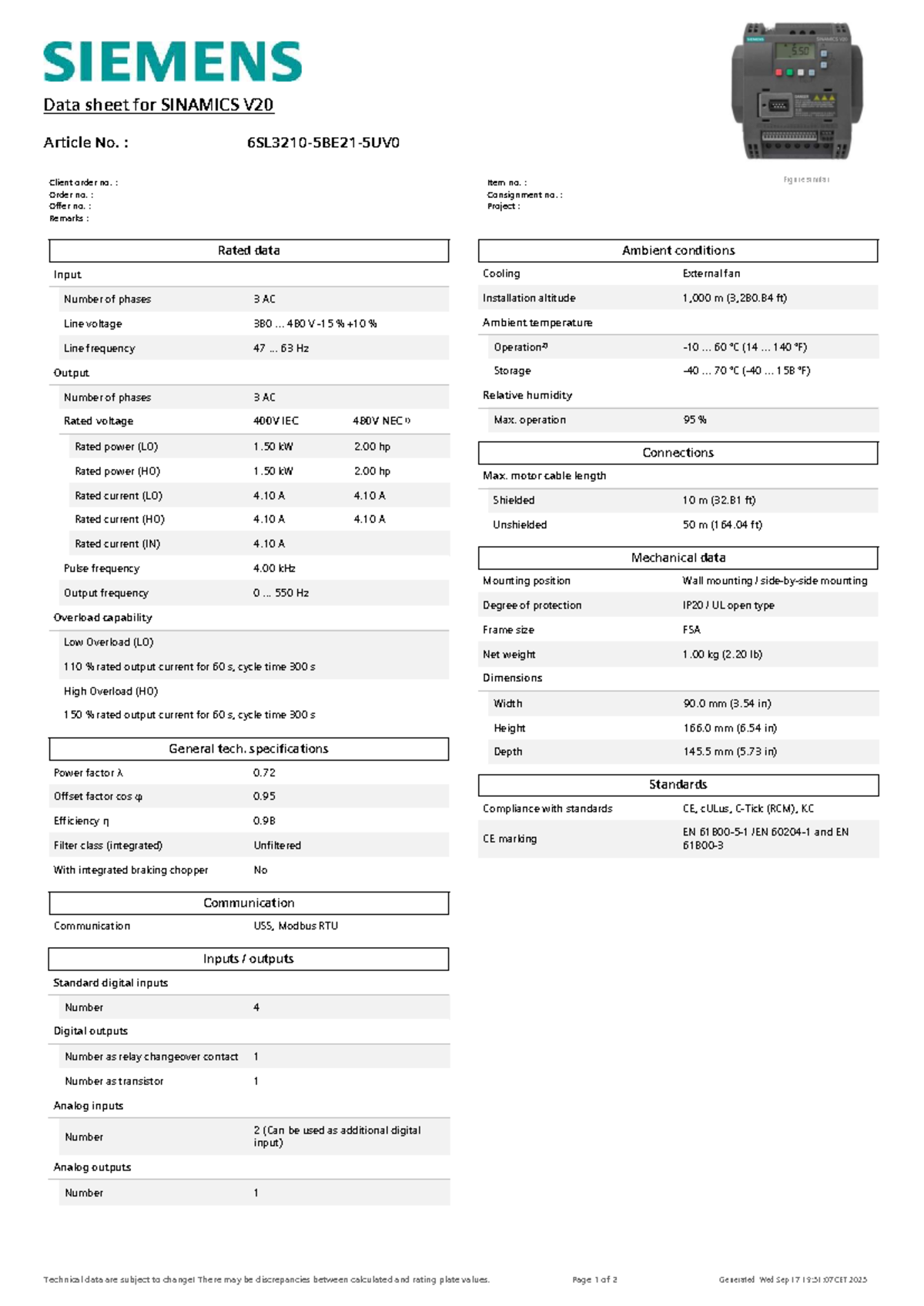 Datasheet for SINAMICS V20 (6SL3210-5BE21-5UV0) Specifications - Studocu