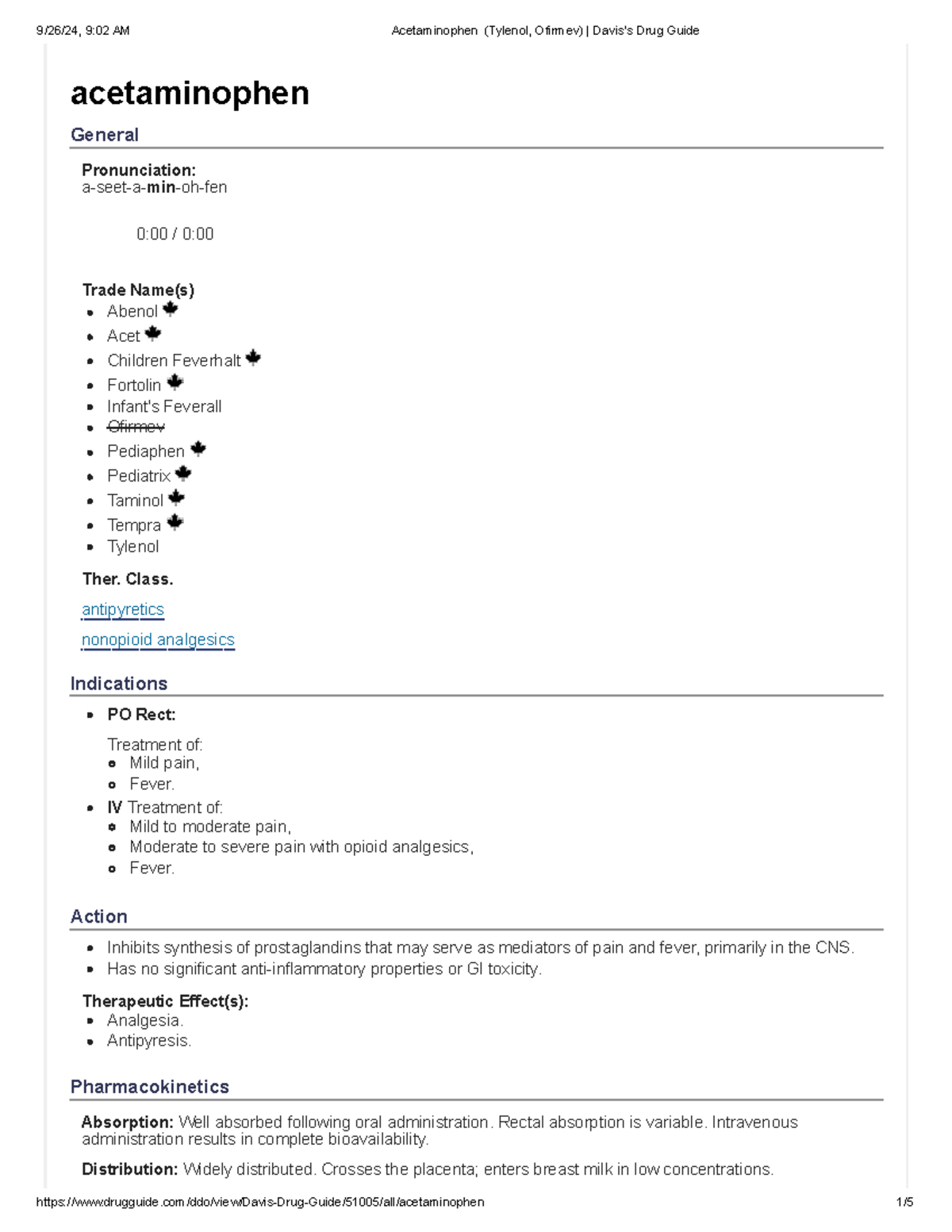 Acetaminophen (Tylenol, Ofirmev) Overview: Davis's Drug Guide Study ...