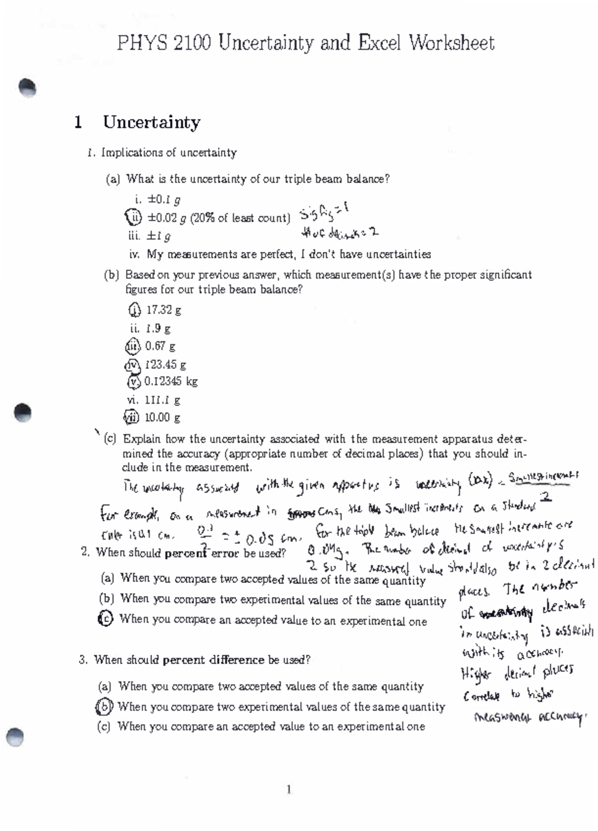 PHYS 2100 Uncertainty & Excel Lab Worksheet Guide - Studocu