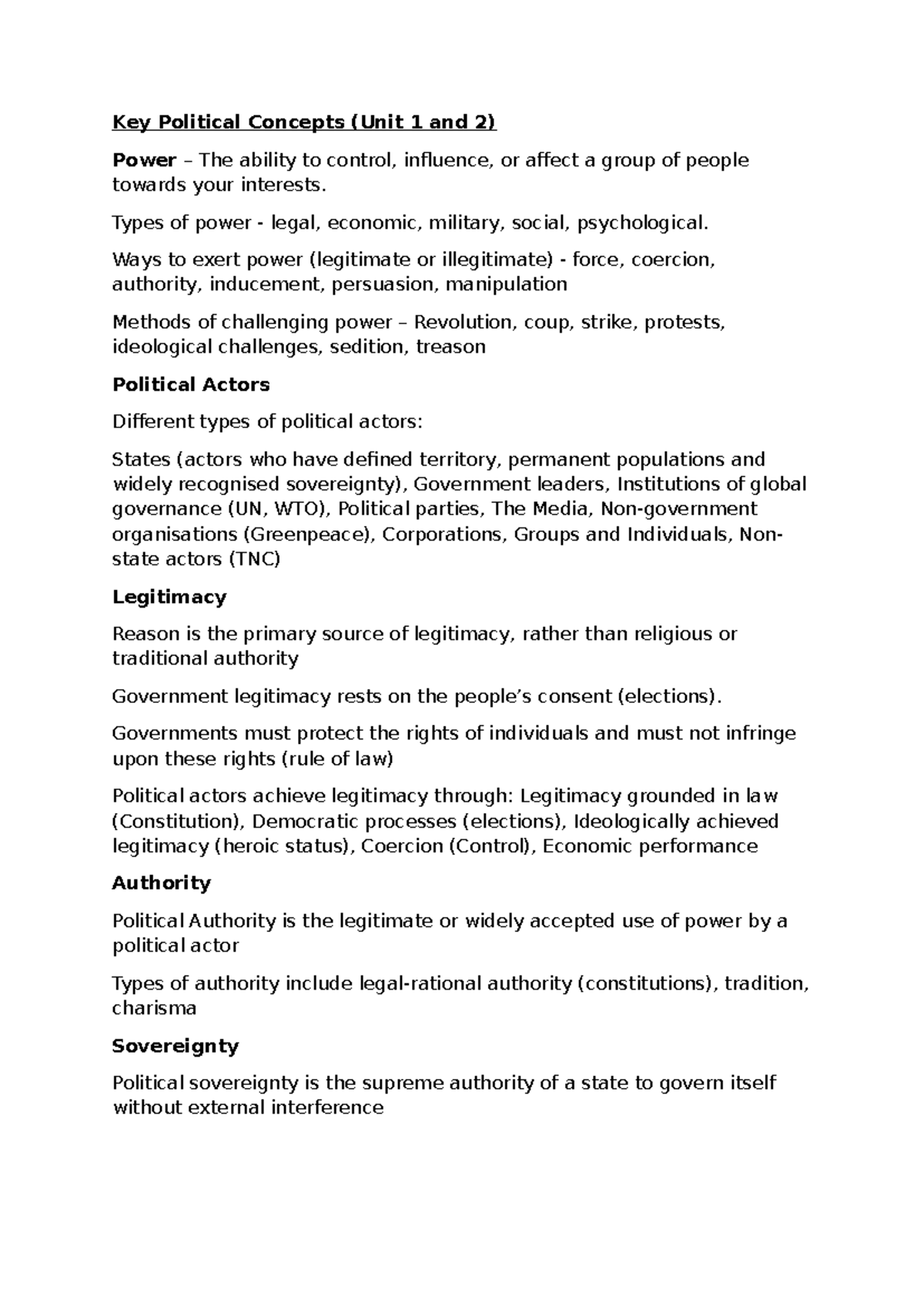 Politics Unit 1 & 2: Key Concepts and Theories Overview - Studocu