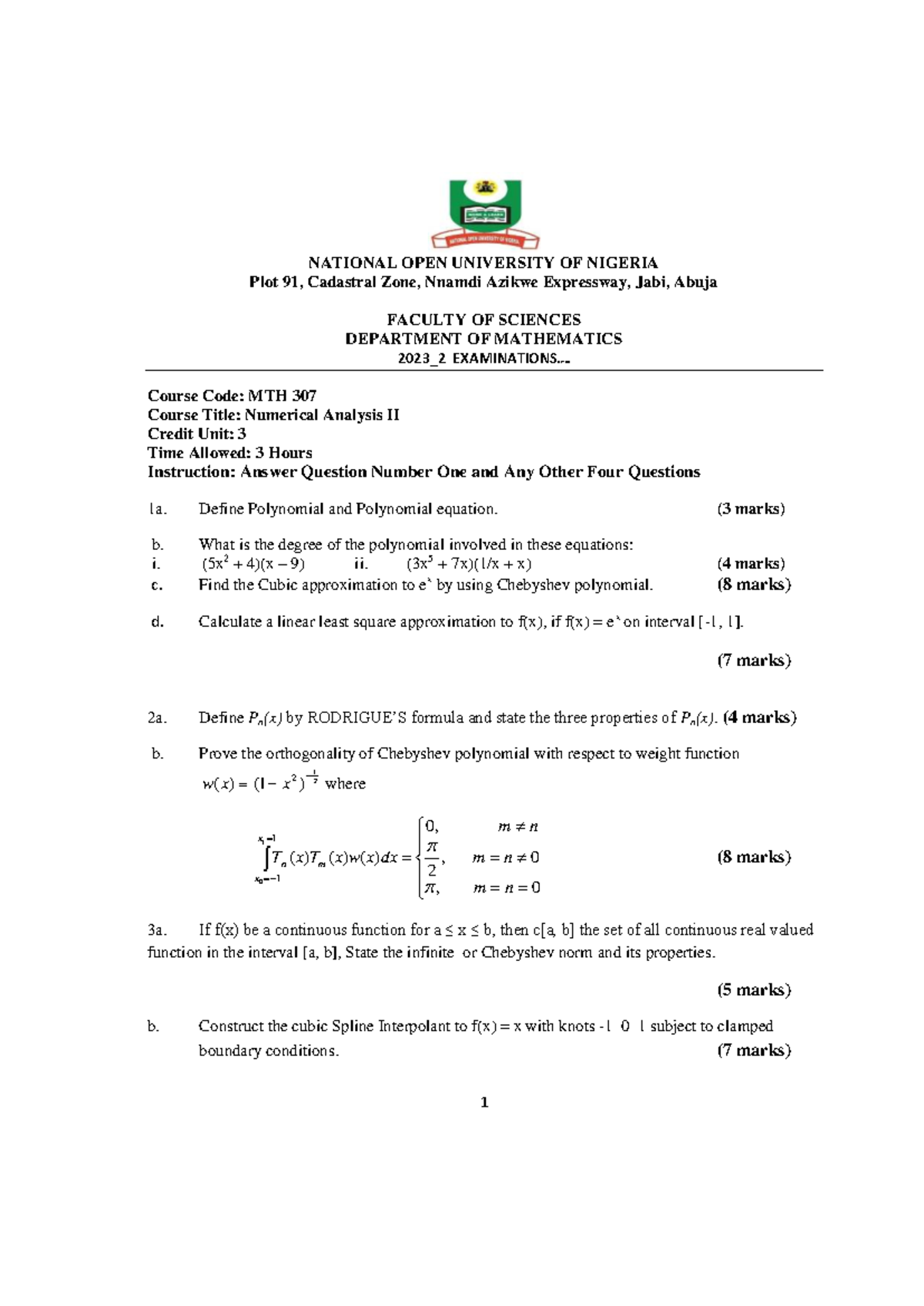 MTH 307 Numerical Analysis II Exam Questions 2023_2 - Studocu