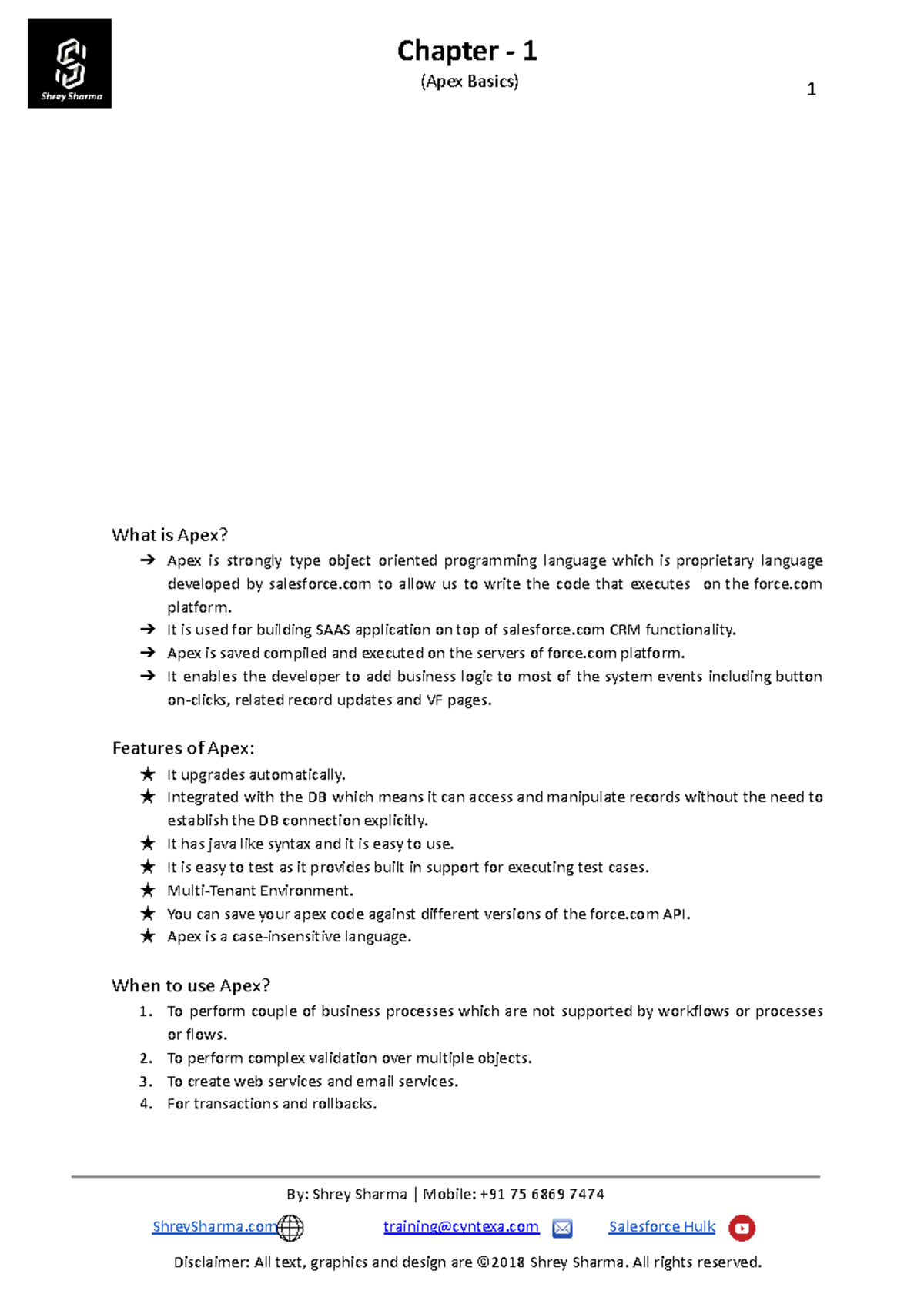 Apex Basics - Its basic knowledge of apex - Chapter - 1 ####### (Apex Basics) 1 What is Apex ...