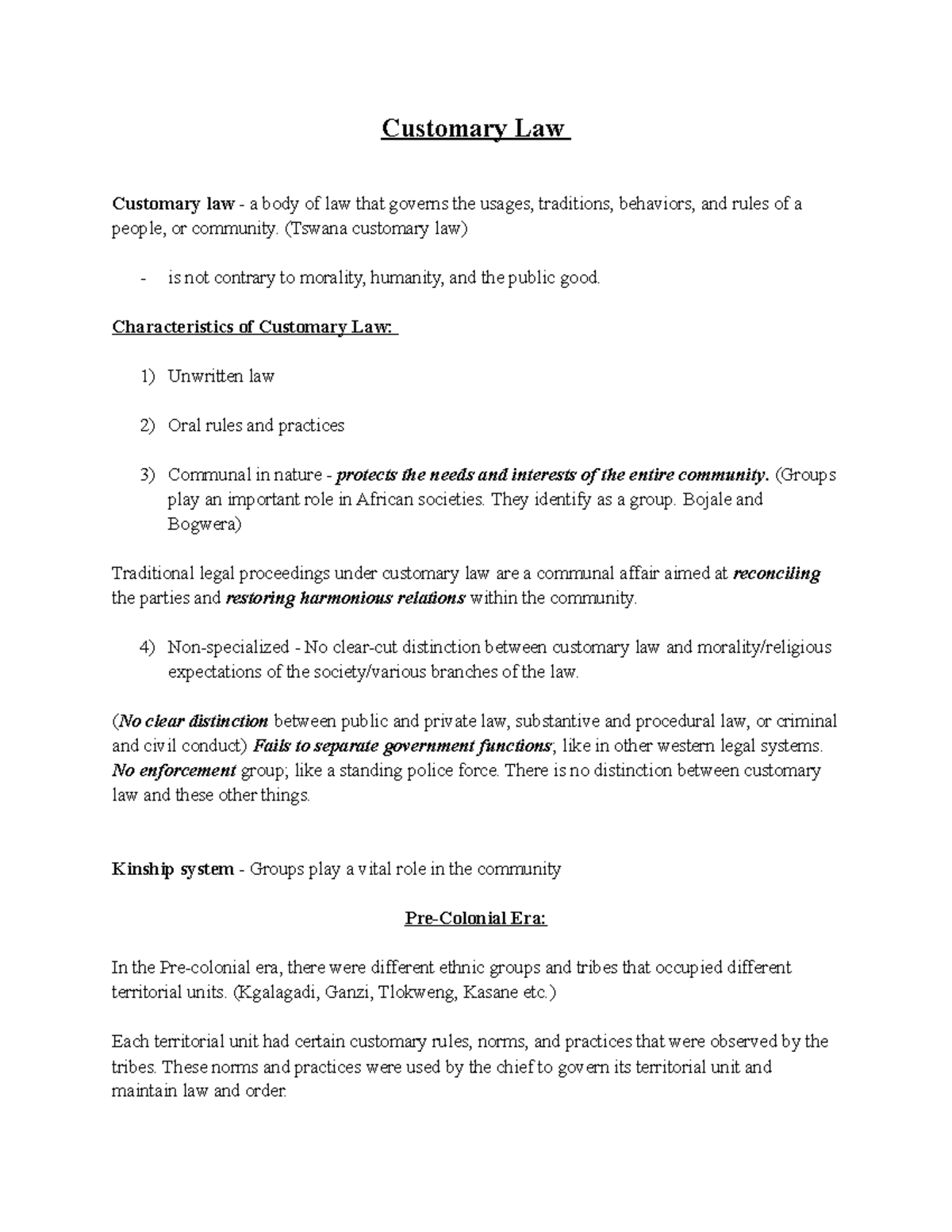 Customary Law Notes - Overview and Historical Context Analysis - Studocu
