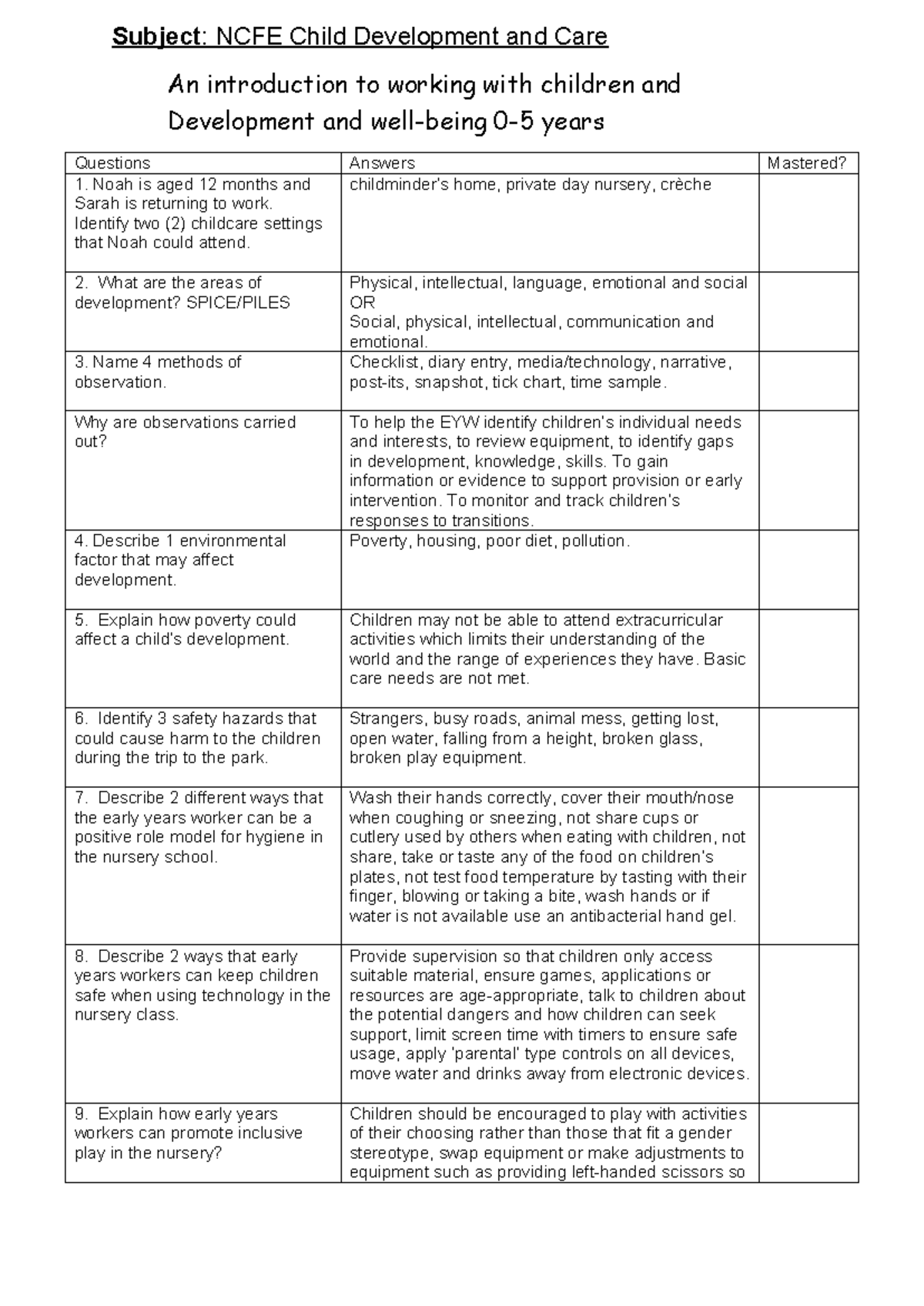 CD Revision Jan 24: Level 2 Child Development & Care Guide - Studocu