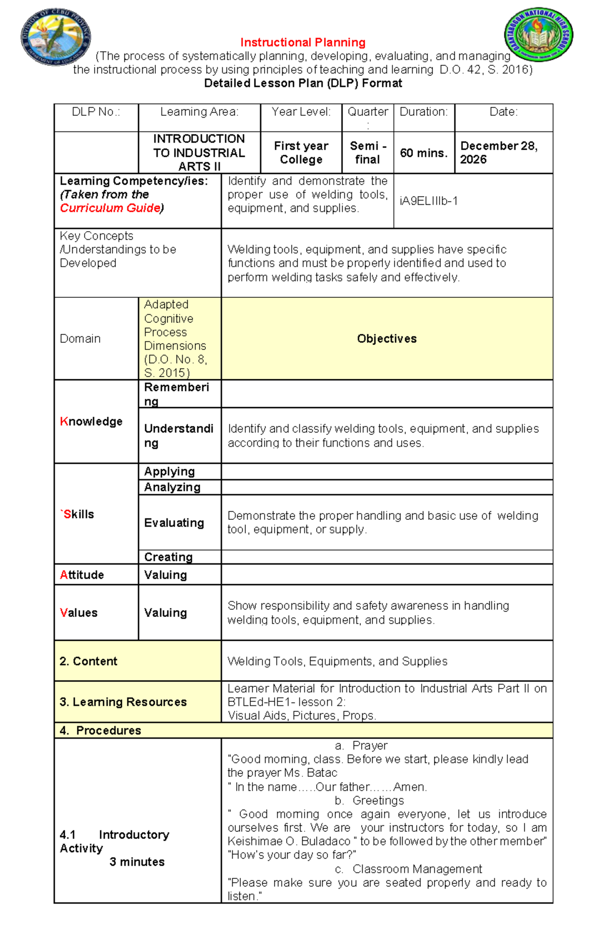DLP: Detailed Lesson Plan on Welding Tools & Equipment (TEC124) - Studocu
